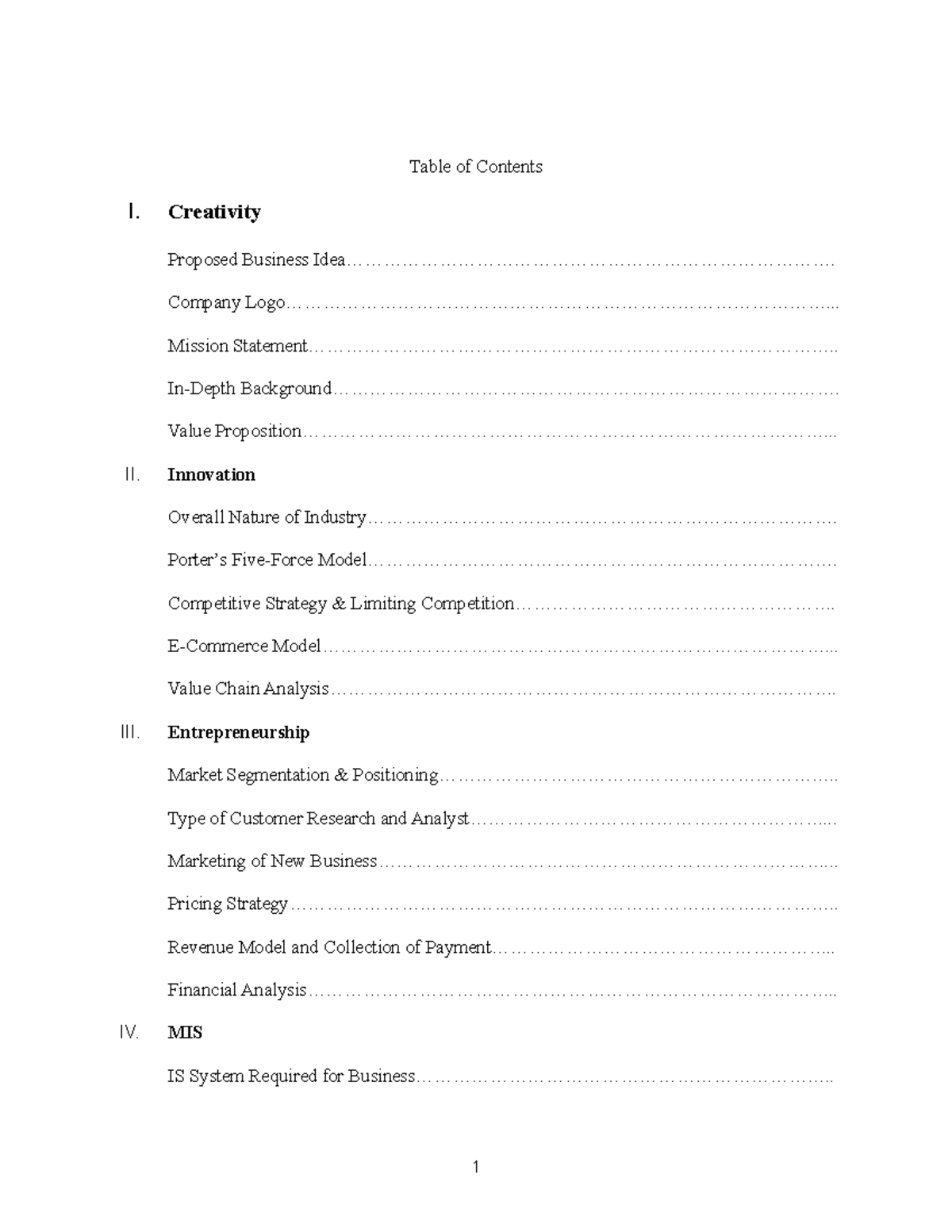 IS 300 Project - Table of Contents I. Creativity Proposed Business ...