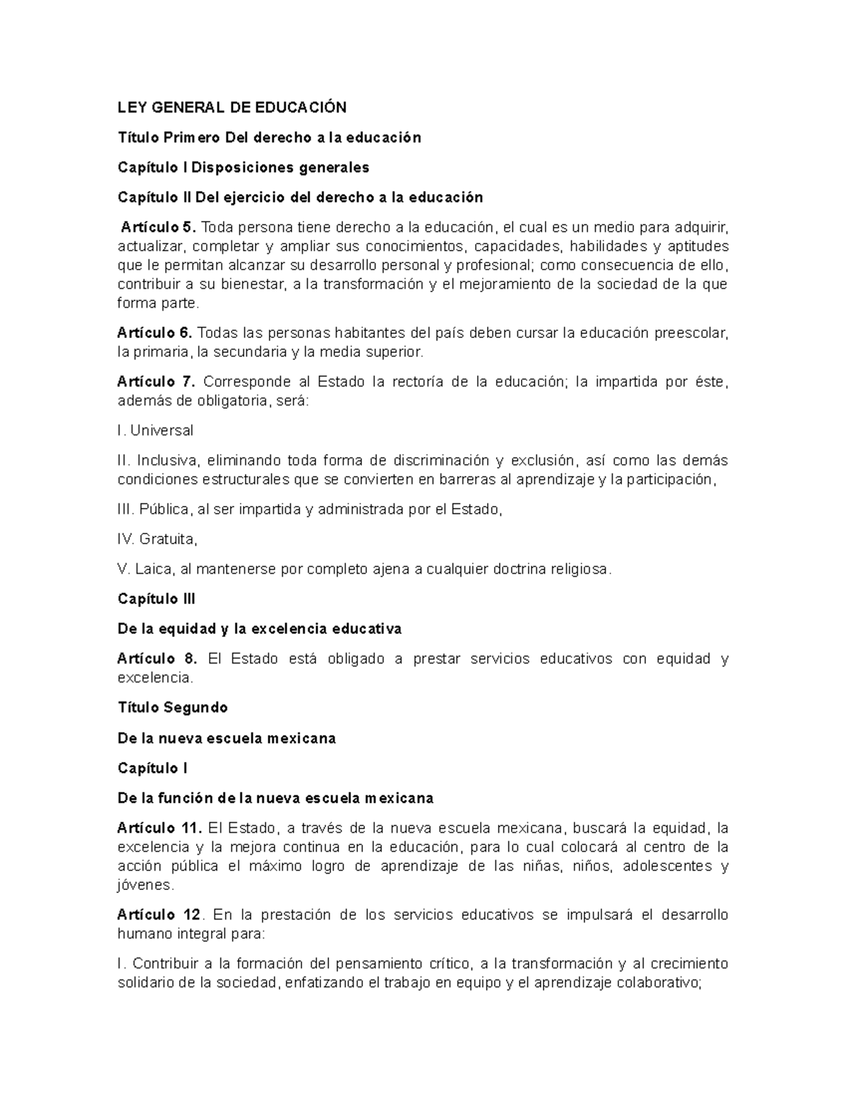 Ley General De Educación Ley General De EducaciÓn Título Primero Del