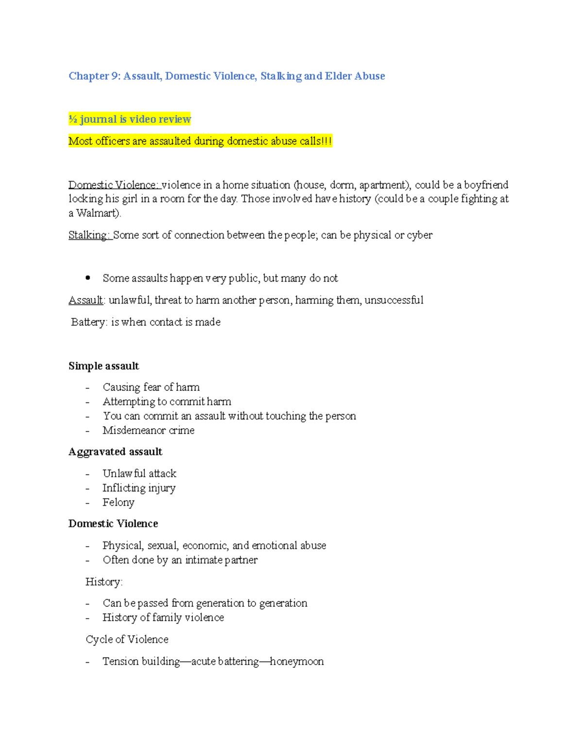 Week 4 Notes- Headrick - Chapter 9: Assault, Domestic Violence ...