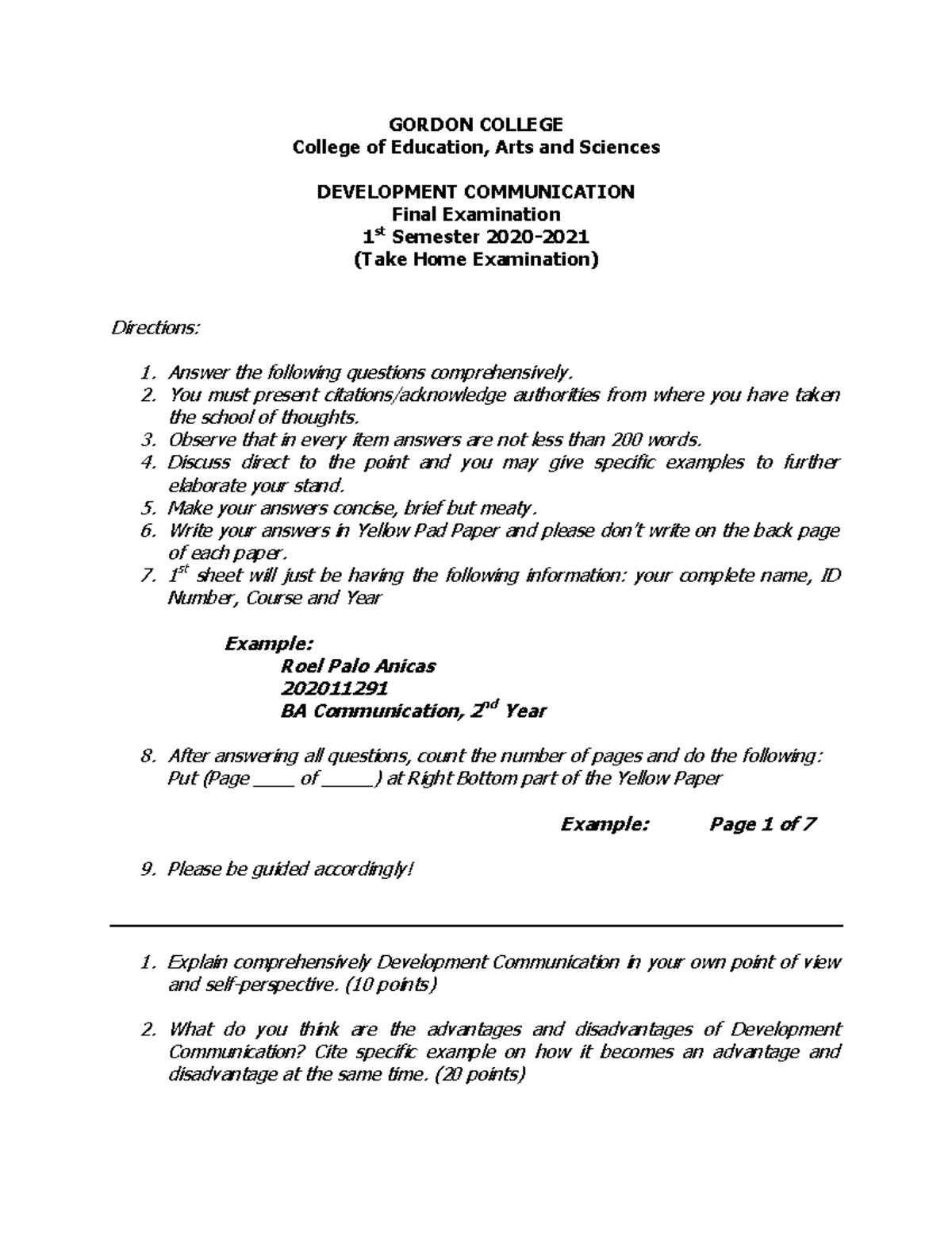 Dev Comm - GORDON COLLEGE College of Education, Arts and Sciences ...