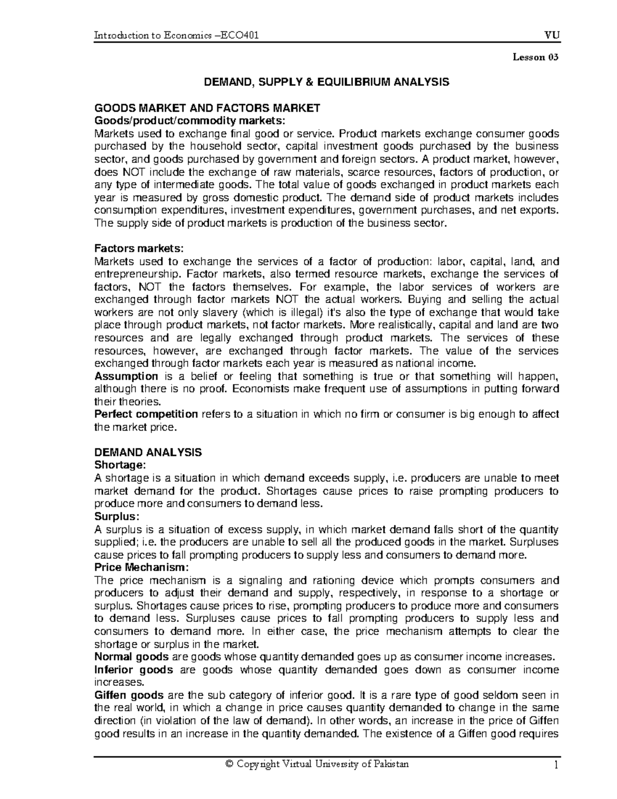Lesson 03 - Lesson 03 DEMAND, SUPPLY & EQUILIBRIUM ANALYSIS GOODS MARKET AND FACTORS MARKET ...