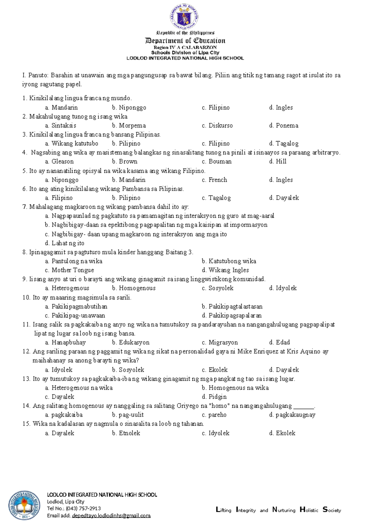 Komunikasyon Pre Test sa pananaliksik sa wika at kulturang Filipino ...