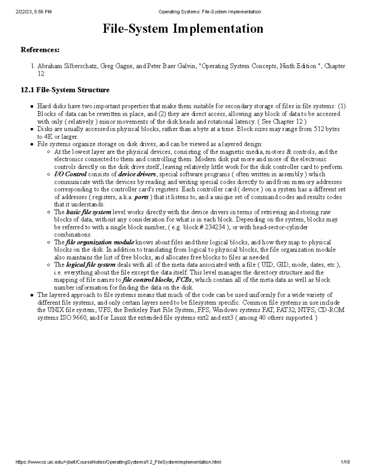 Operating Systems File System Implementation File System Implementation References Abraham 
