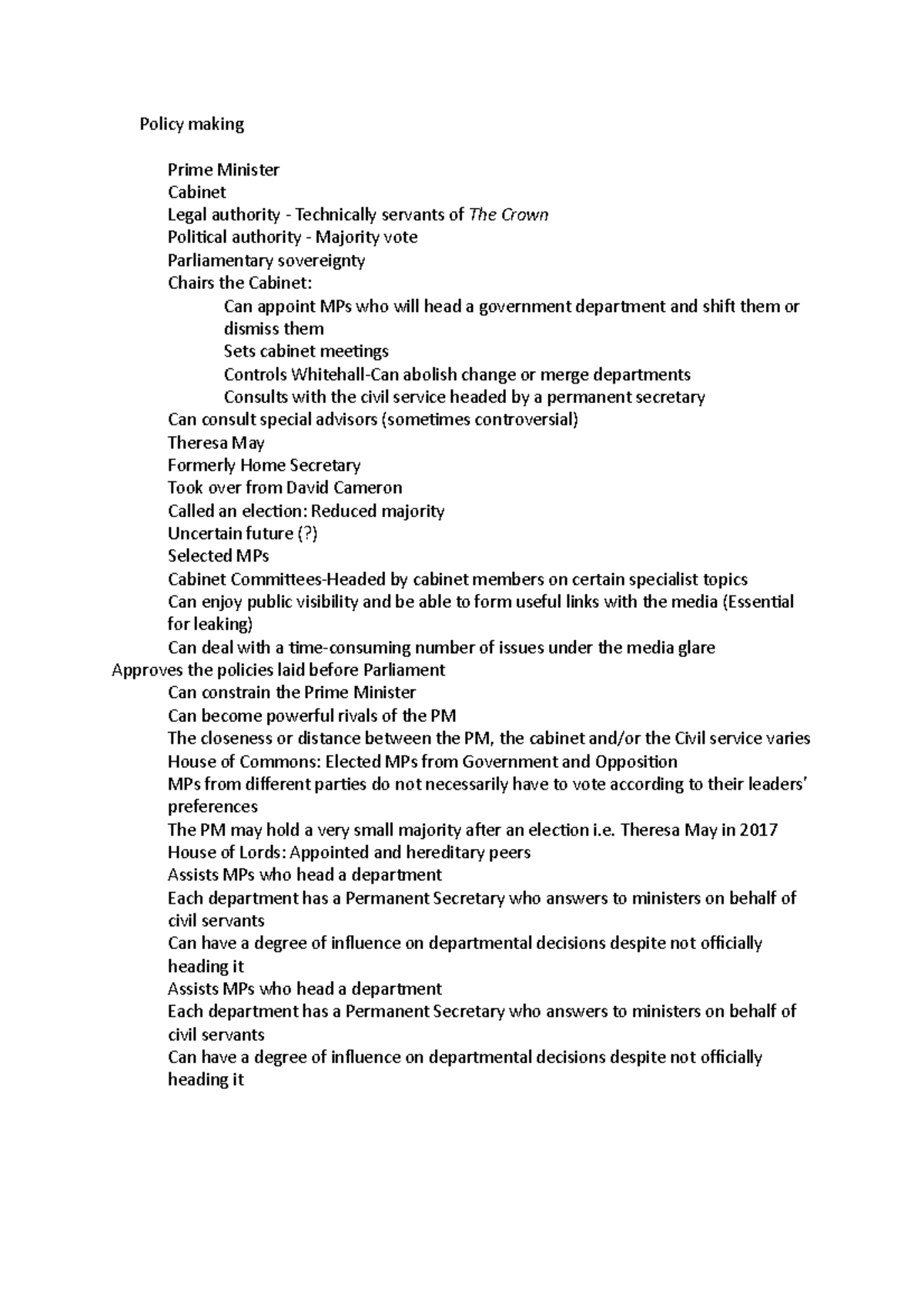 Policy making - notes - Policy making Prime Minister Cabinet Legal ...