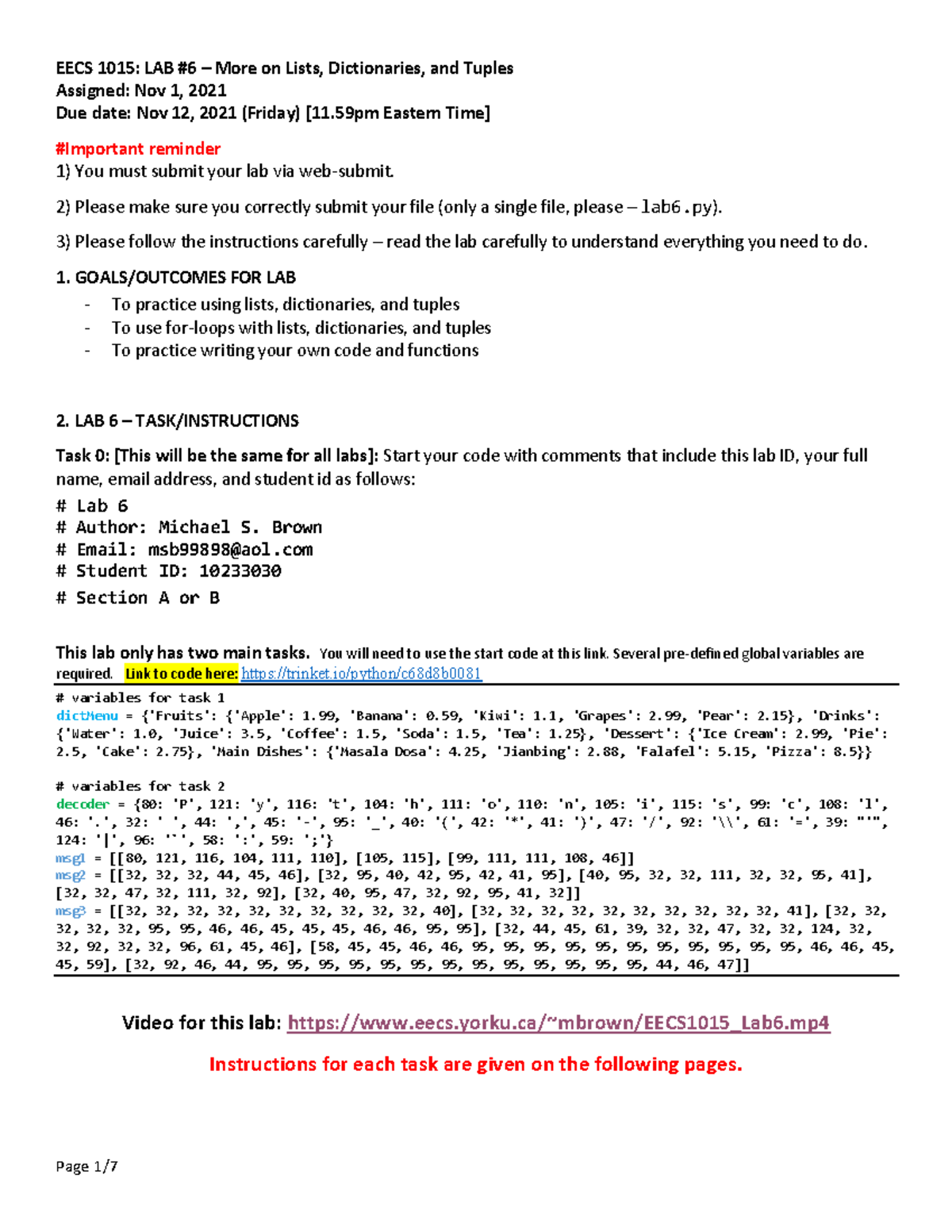 Mandatory Assignments Lab6 Eecs 1015 Lab 6 More On Lists Dictionaries And Tuples