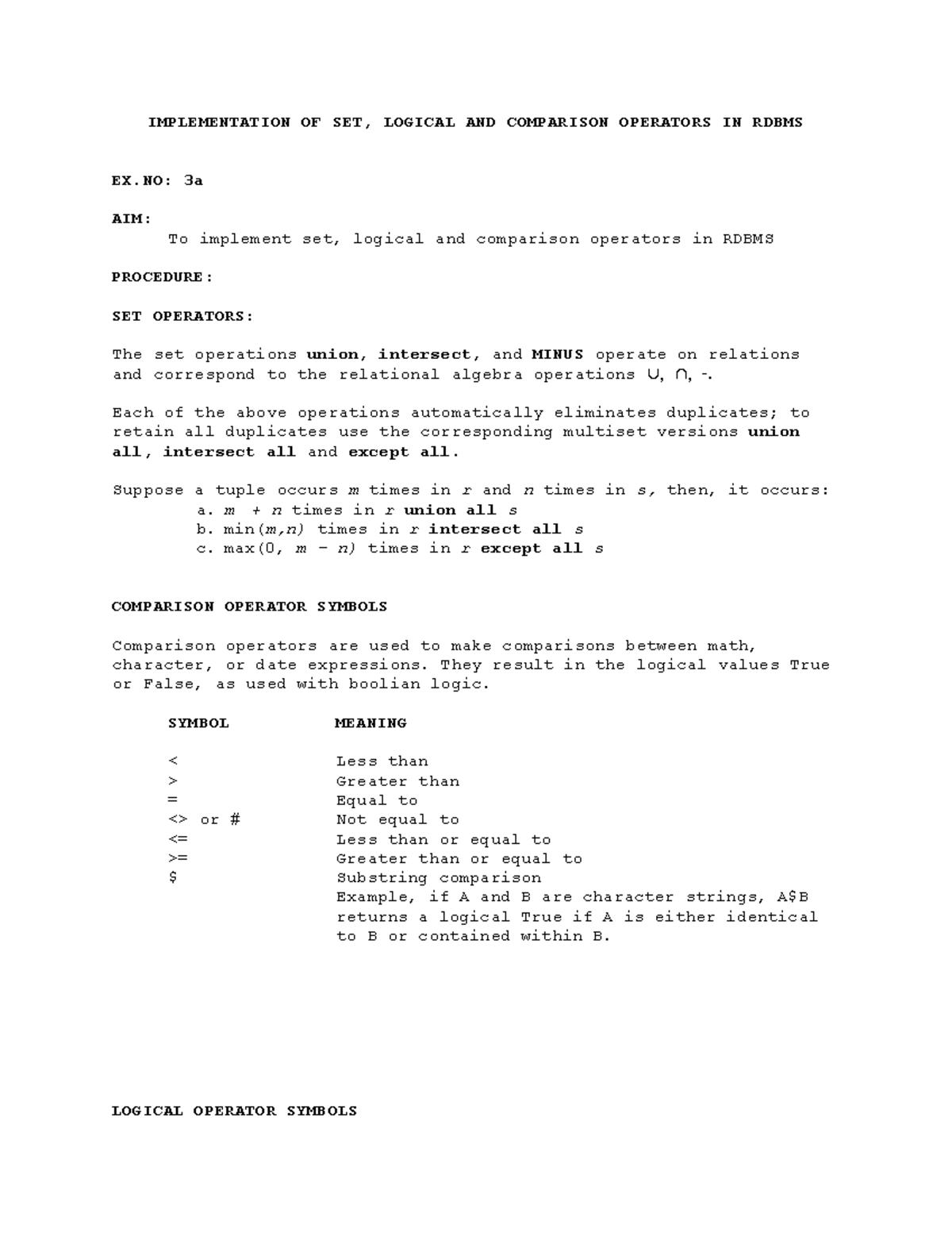 3.SET Operations Logical AND Comparitive Operators - IMPLEMENTATION OF SET, LOGICAL AND ...