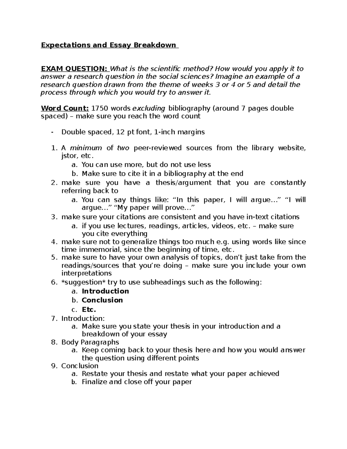 Expectations and Essay Breakdown - Word Count: 1750 words excluding ...