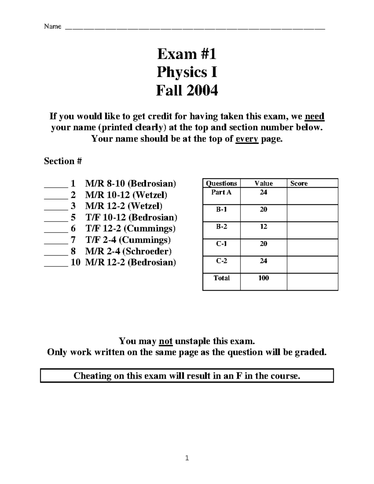 Exam1-F04 - back exam fo study purposes - Exam Physics I Fall 2004 If ...