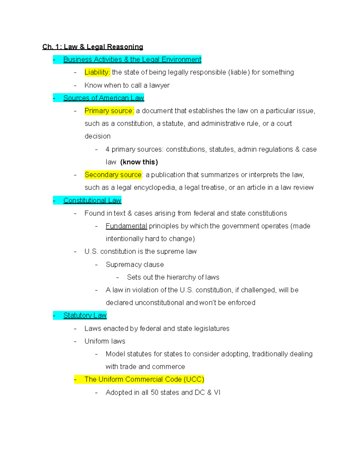 BLAW Notes - Professor Laura Beth Pleasant - Ch. 1: Law & Legal ...