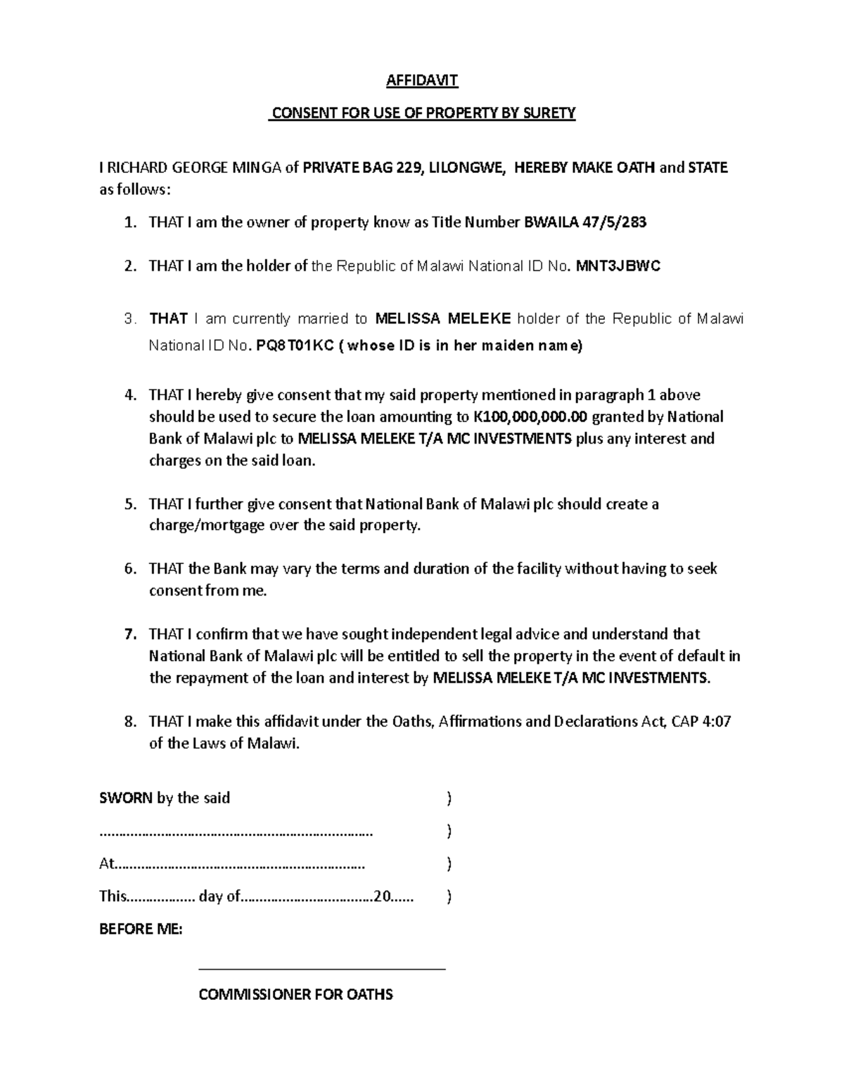 Affidavit FOR USE OF Property - AFFIDAVIT CONSENT FOR USE OF PROPERTY ...