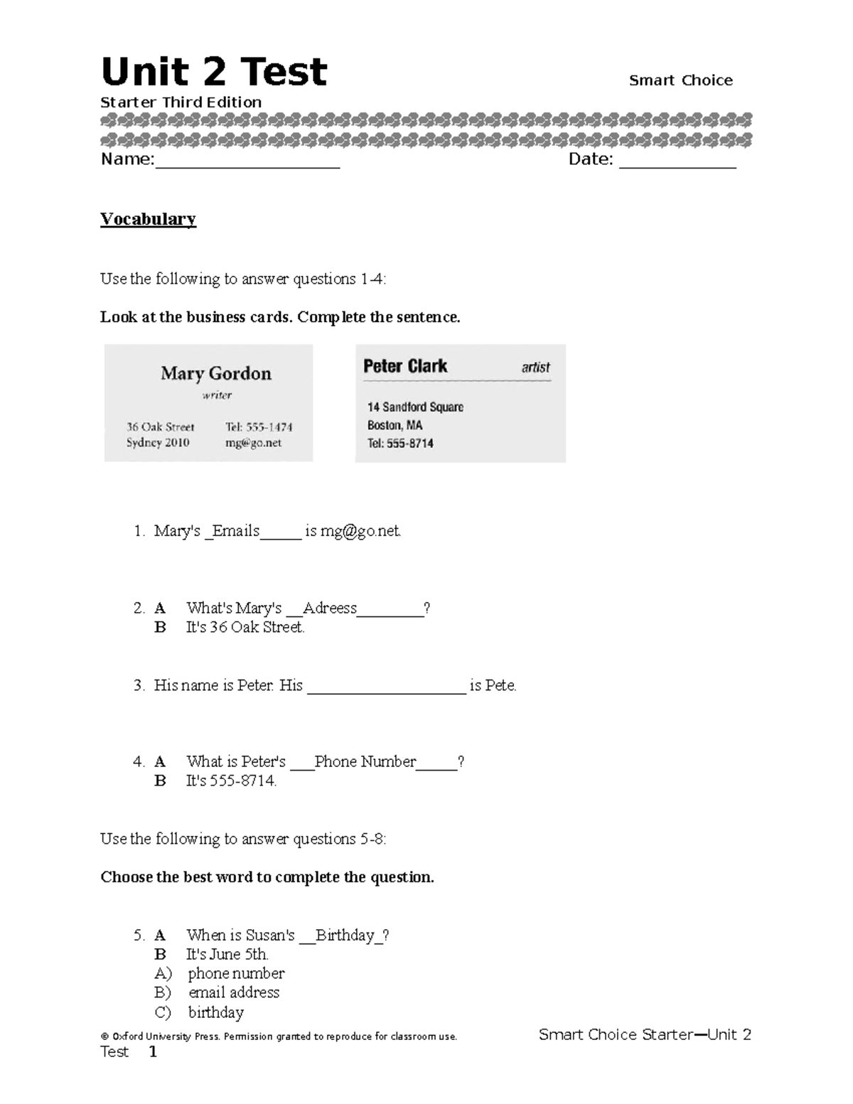 SC3e Starter Test U02 - unit 2 practica test - Unit 2 Test Smart Choice ...