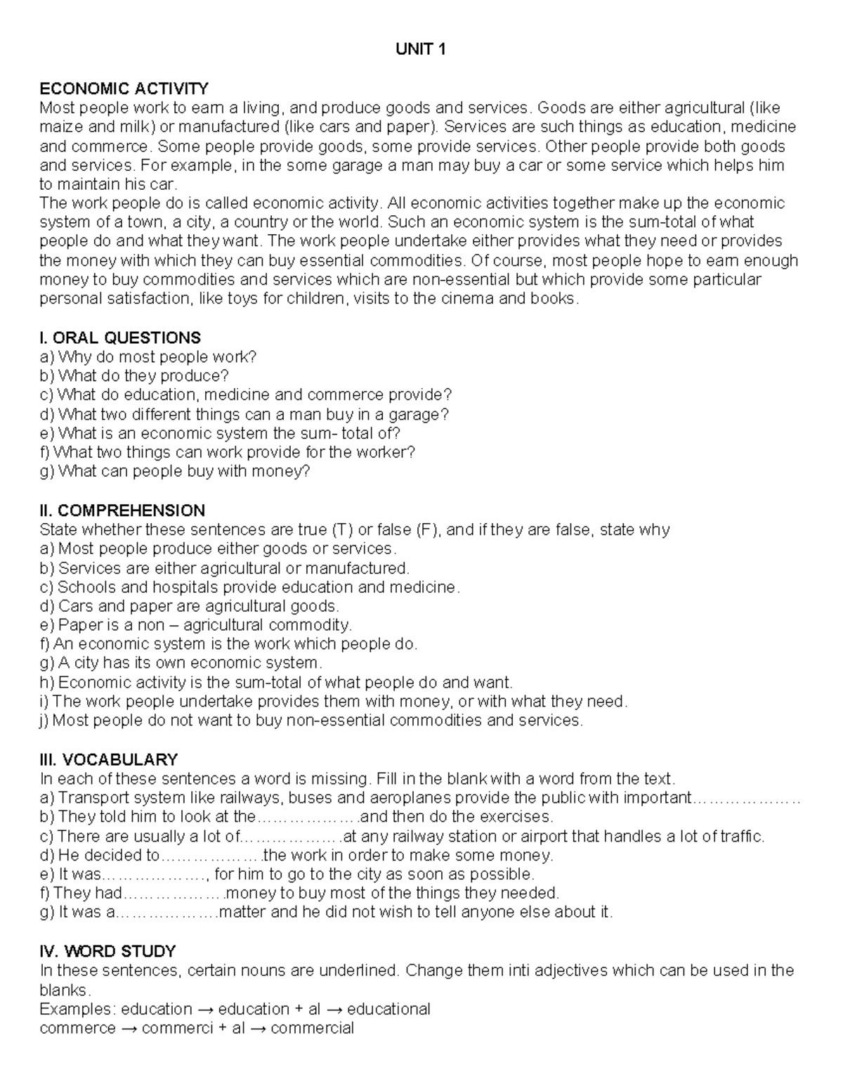 Đề ôn Anh hp1 - UNIT 1 ECONOMIC ACTIVITY Most people work to earn a ...