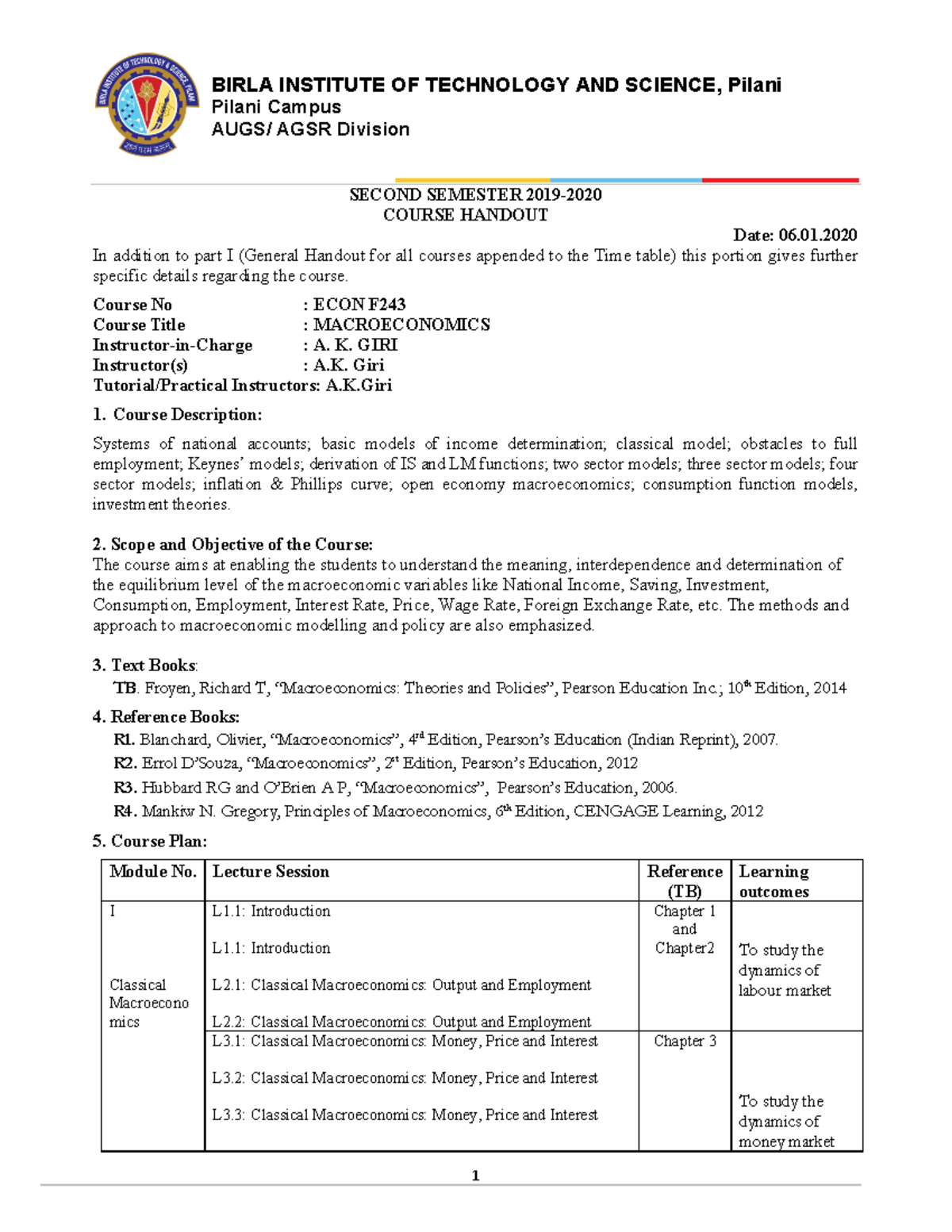 Handout ECON F243 1444 - Summary Macroeconomics - Warning: TT: undefined function: 32 BIRLA ...