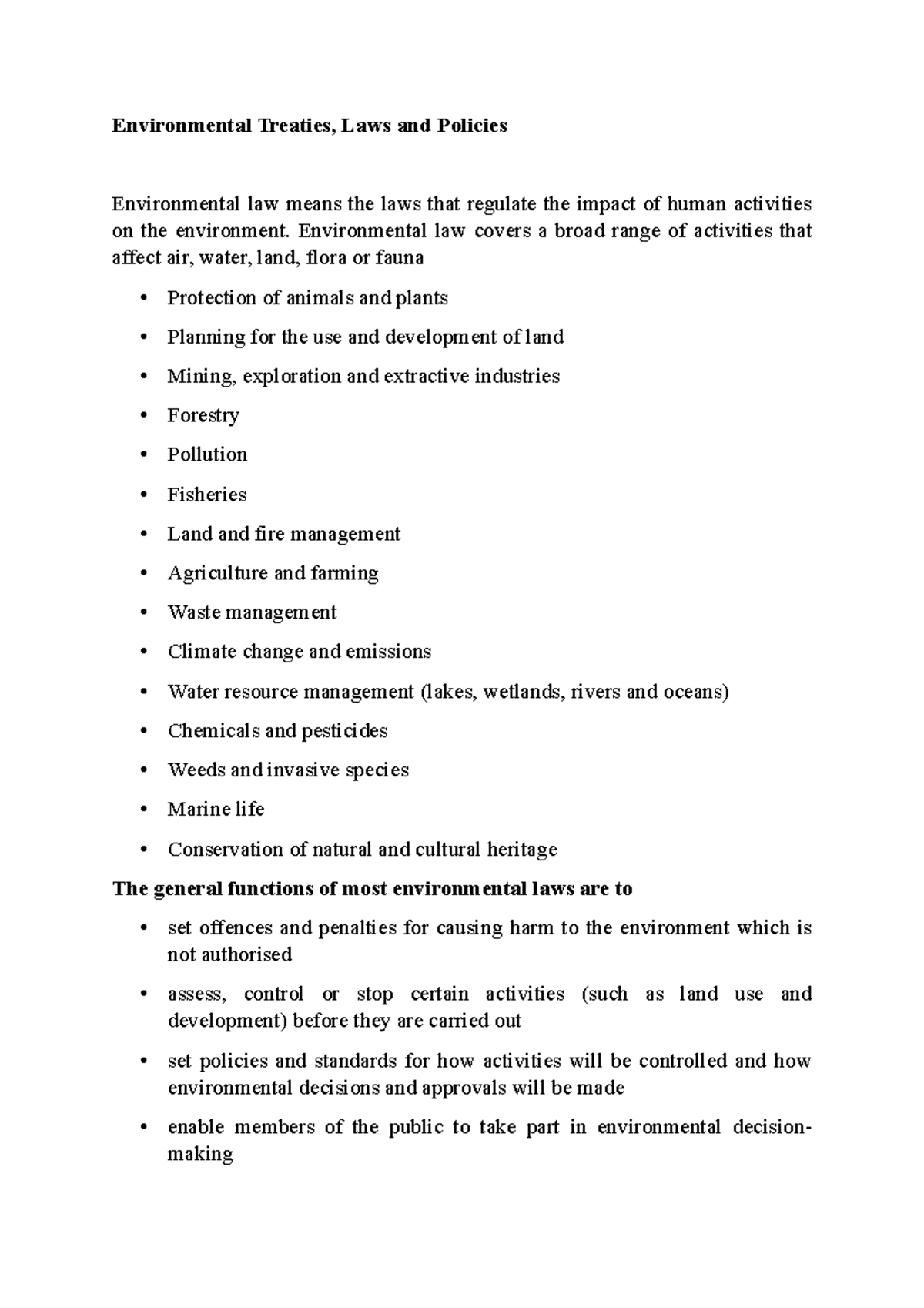 Environmental Treaties - Environmental law covers a broad range of ...