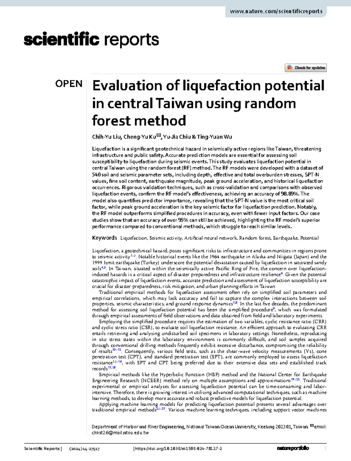 Evaluation of liquefaction potential in central Taiwan using random forest method - Evaluation ...