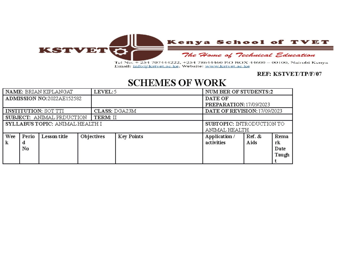 Schemes DGA23M - for studies - REF: KSTVET/TP/F/ SCHEMES OF WORK NAME ...