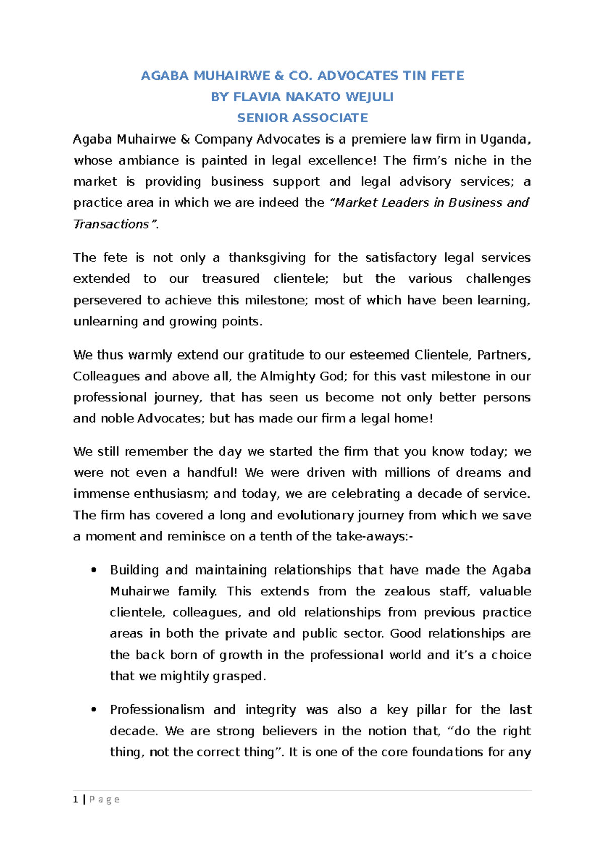 10TH YEAR Anniversary OF Agaba Muhairwe - AGABA MUHAIRWE & CO ...