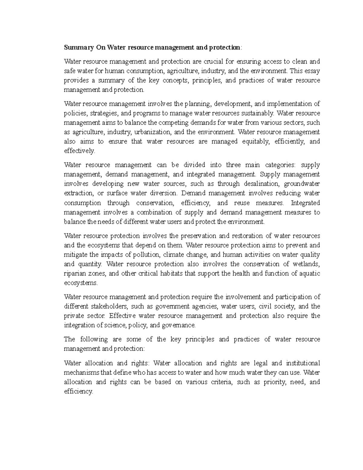 Summary On Water resource management and protection - This essay ...