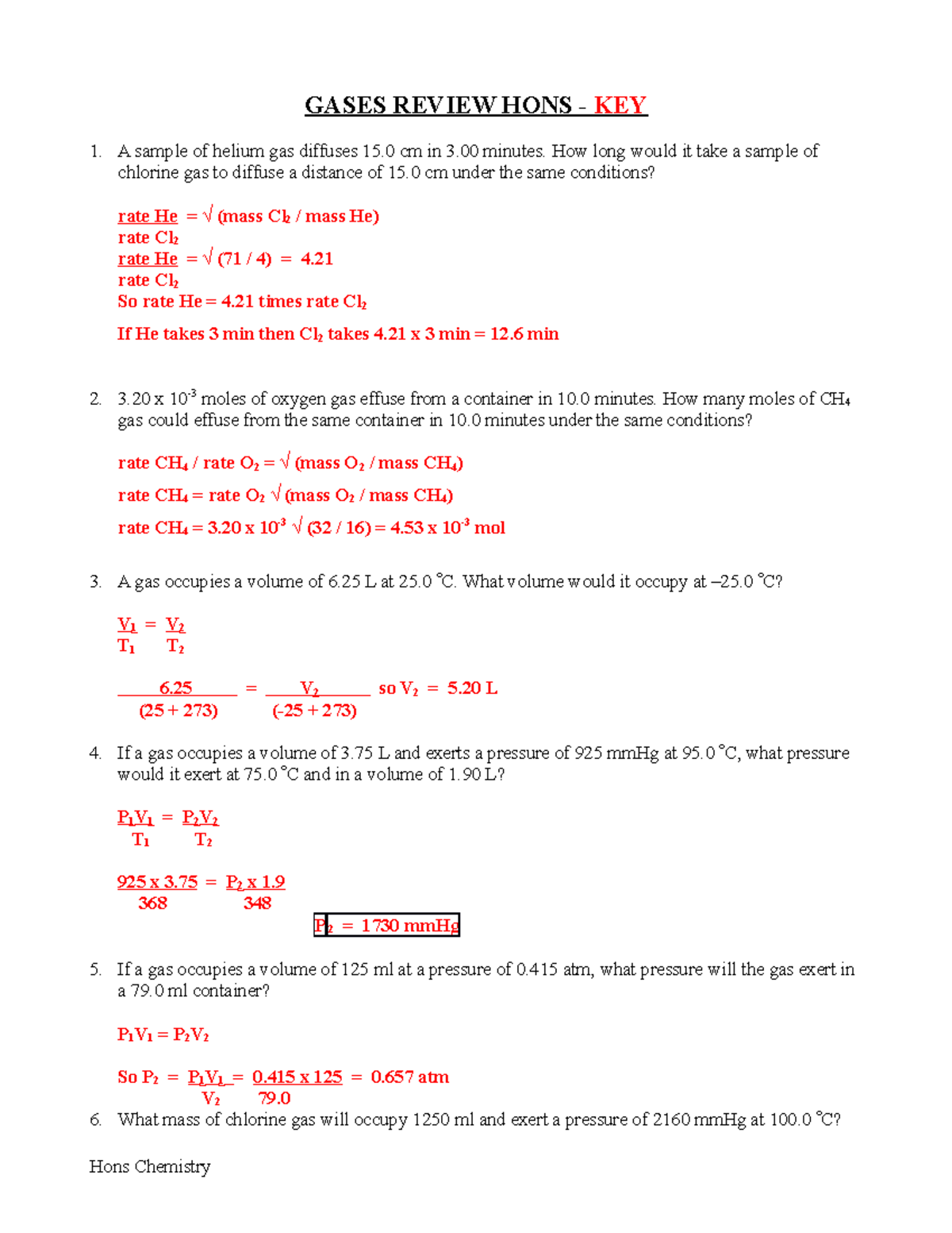Gases Hons review KEY - GASES REVIEW HONS - KEY A sample of helium gas ...
