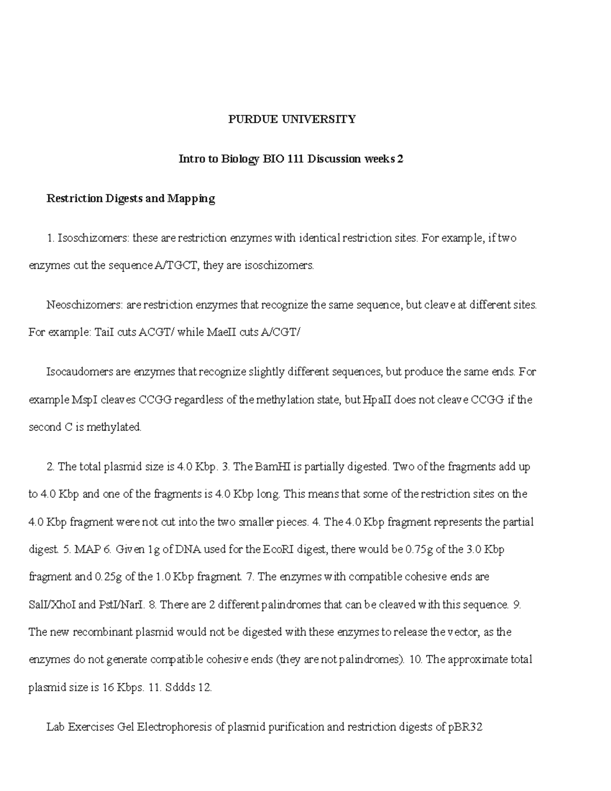 Intro to Biology BIO 111 Discussion week 3 - PURDUE UNIVERSITY Intro to ...