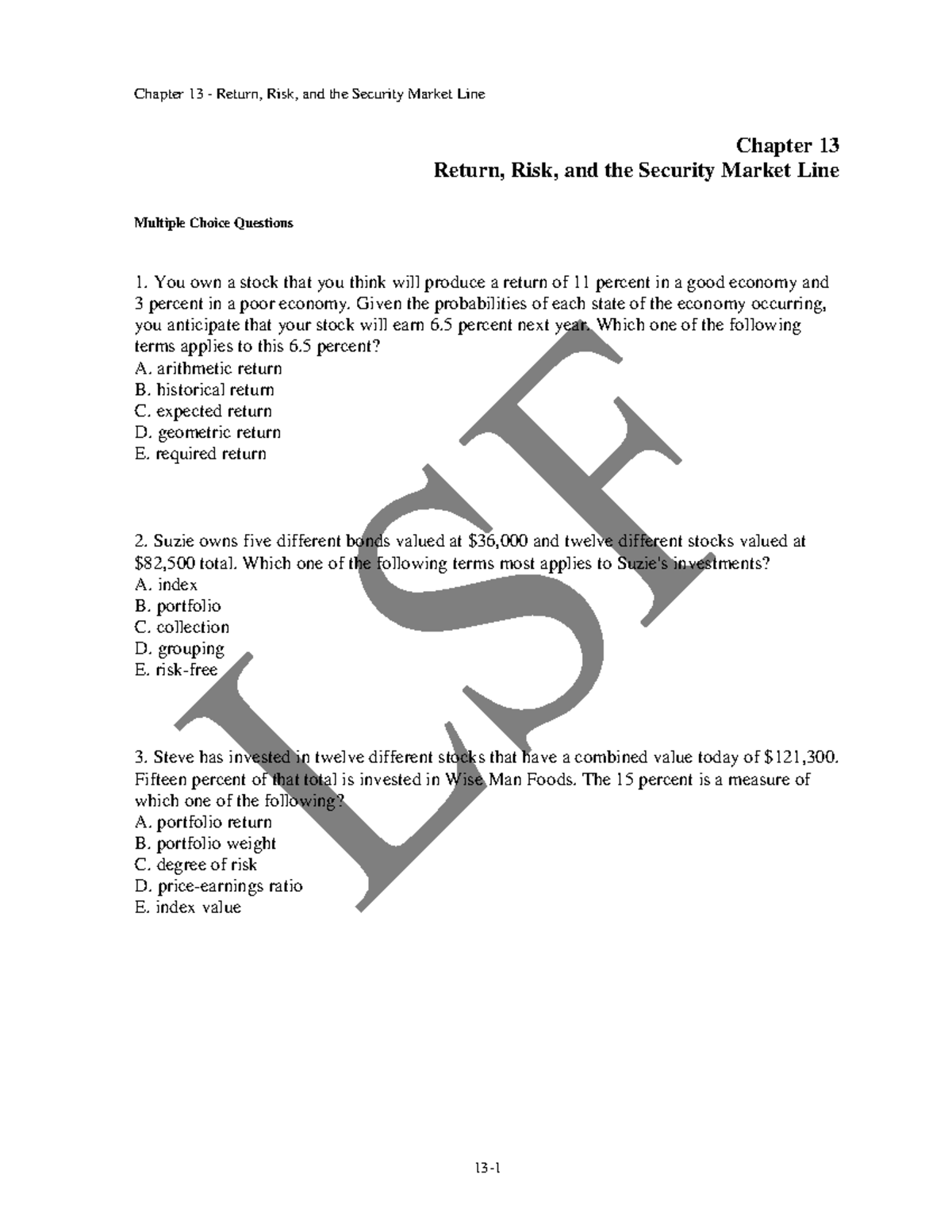 Chap013 TEST BANKS - Chapter 13 Return, Risk, and the Security Market ...