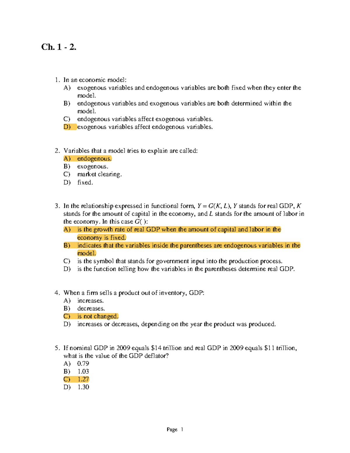 Ch01 02 Practice Questions - Page 1 Ch. 1 - 2. In an economic model: A) exogenous variables and ...