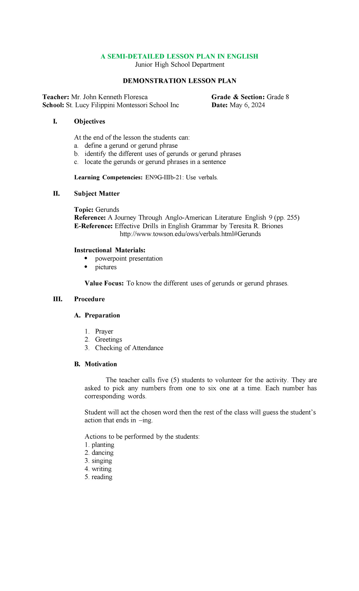 Lessonplan-gerunds-2010 28035151 - A SEMI-DETAILED LESSON PLAN IN ...