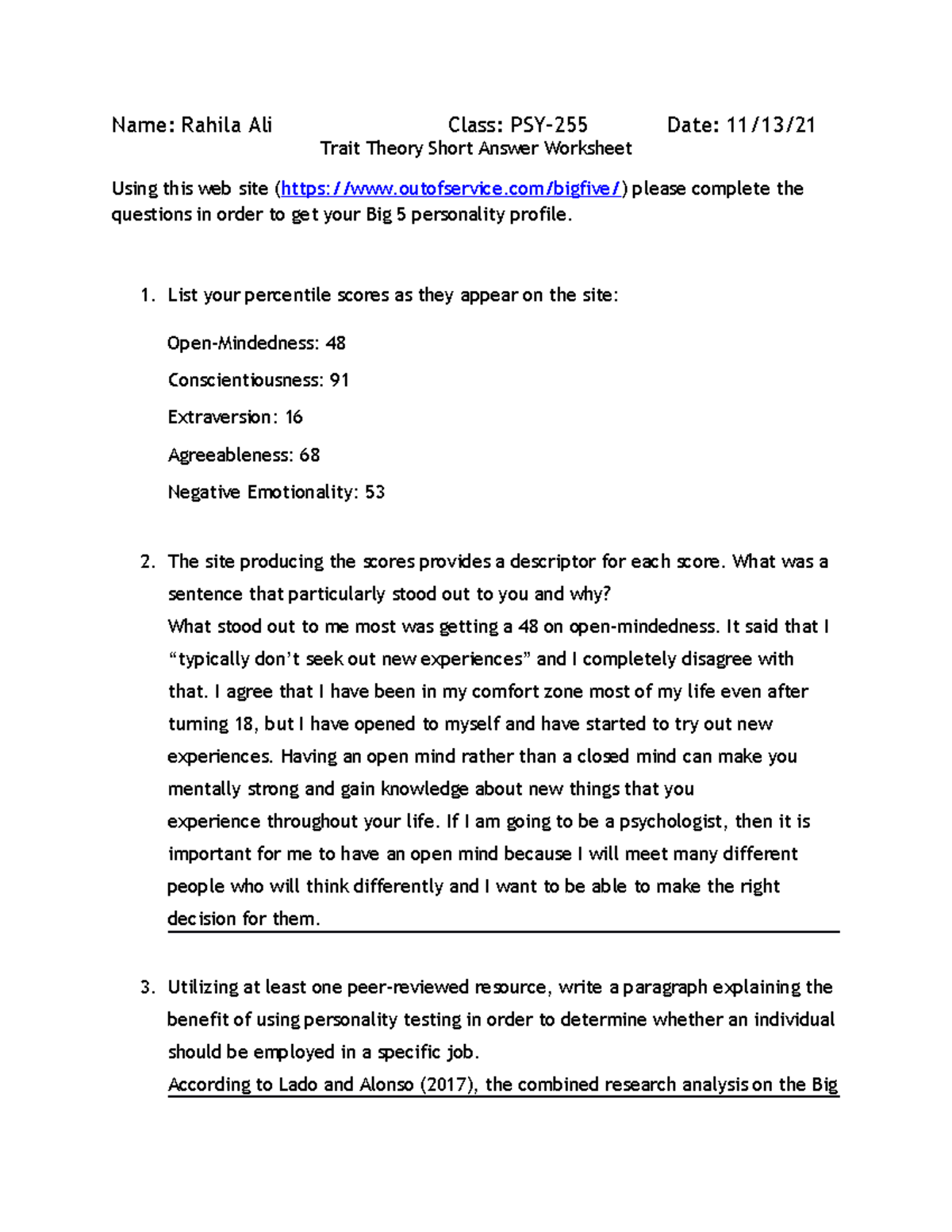 Trait Theory Worksheet - Name: Rahila Ali Class: PSY-255 Date: 11/13 ...