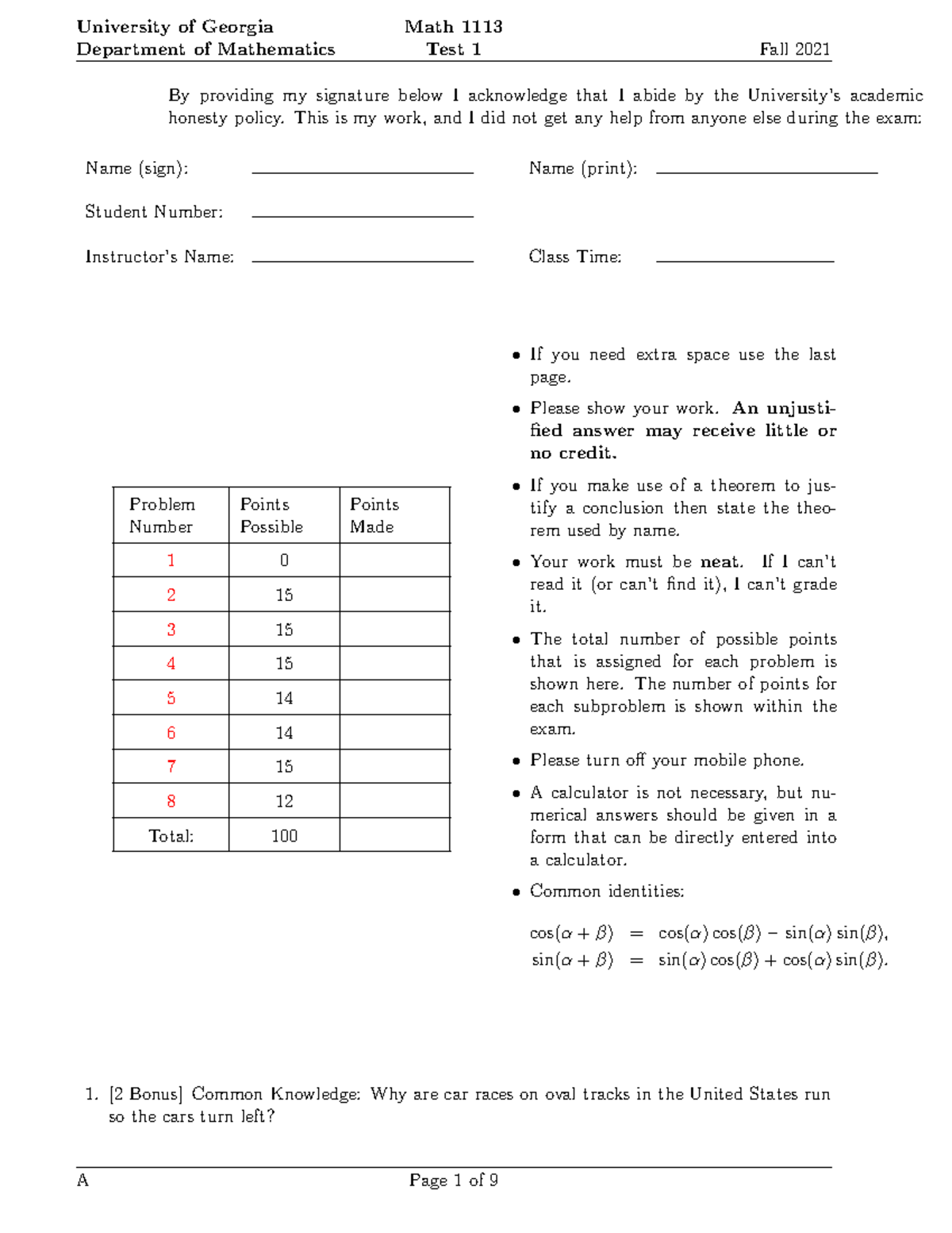 Fall 2021 - Test 1 - Test 1 - University of Georgia Department of ...