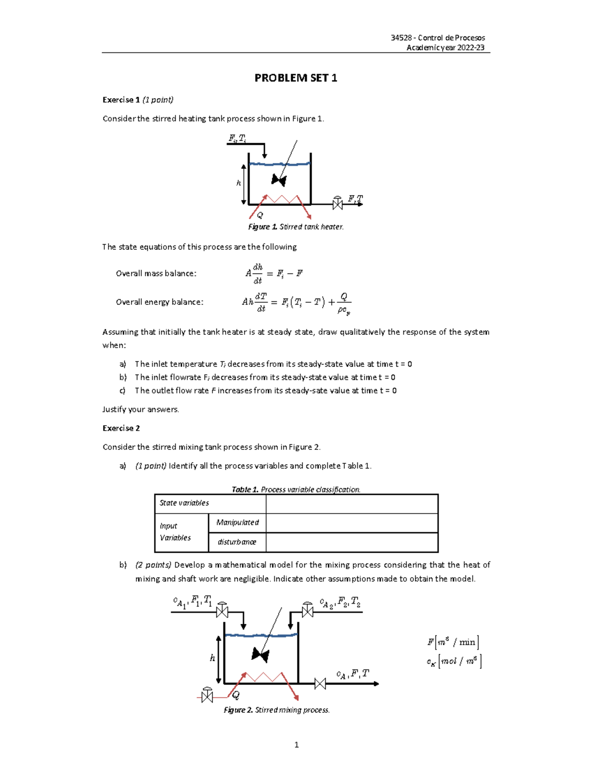Problemas set 1 - 34528 ‐ Control de Procesos Academic year 2022‐ 1 PROBLEM SET 1 Exercise 1 (1 ...