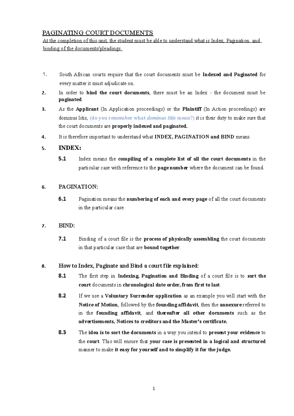 LED206D Index AND Pagination - ####### PAGINATING COURT DOCUMENTS At the completion of this unit ...