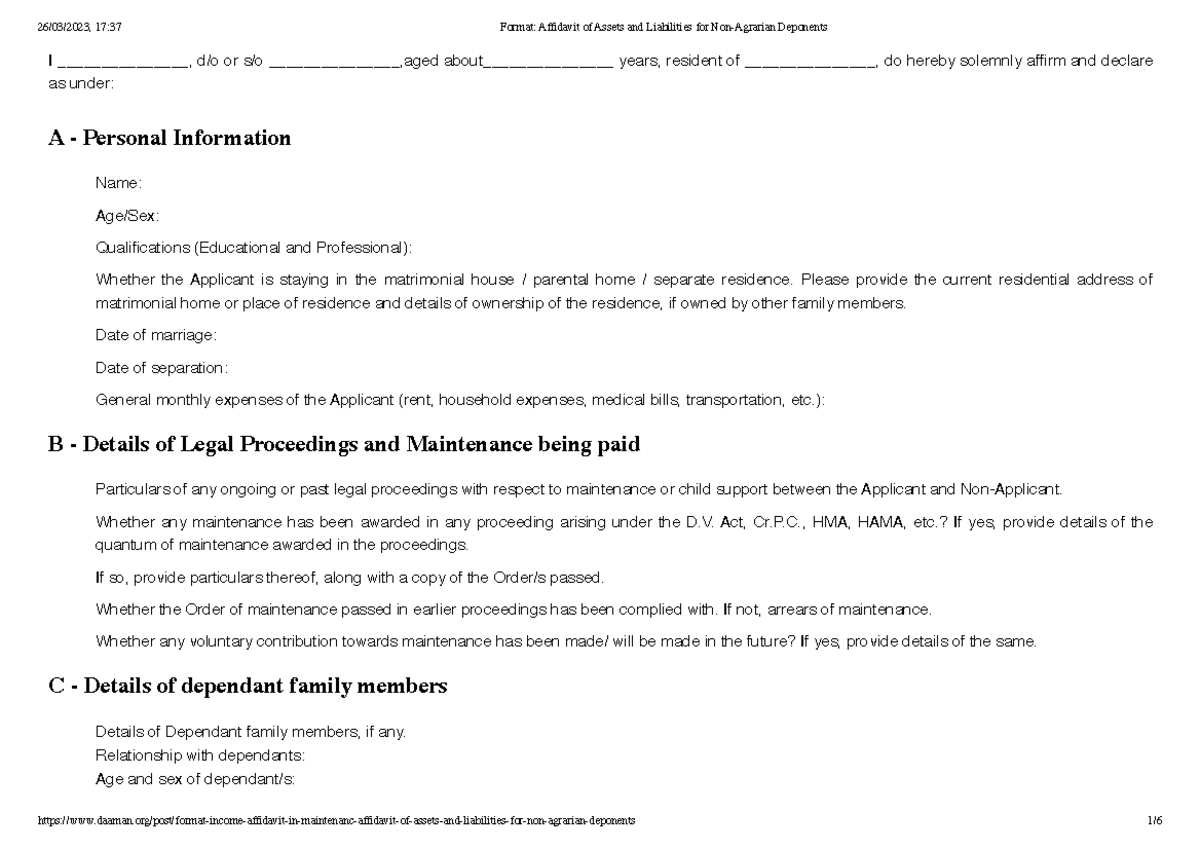 Format Affidavit of Assets and Liabilities for Non-Agrarian Deponents ...