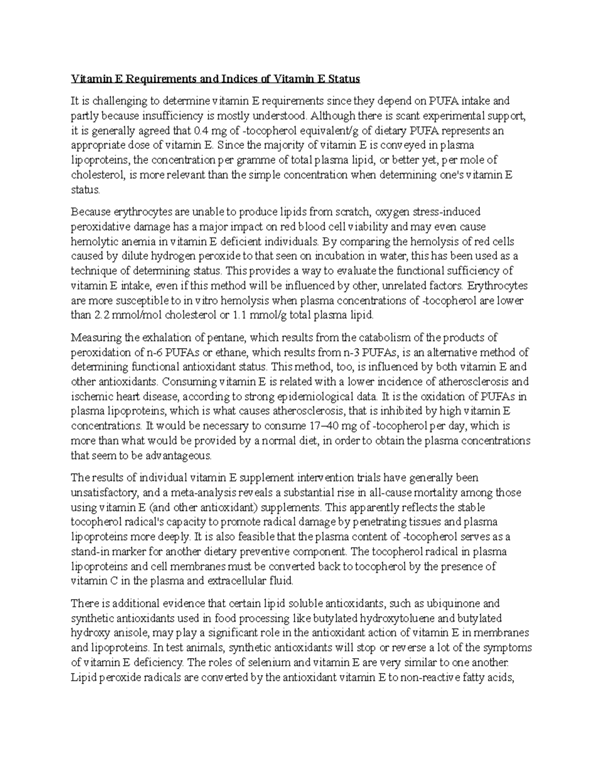 Vitamin E Requirements and Indices of Vitamin E Status - Although there ...