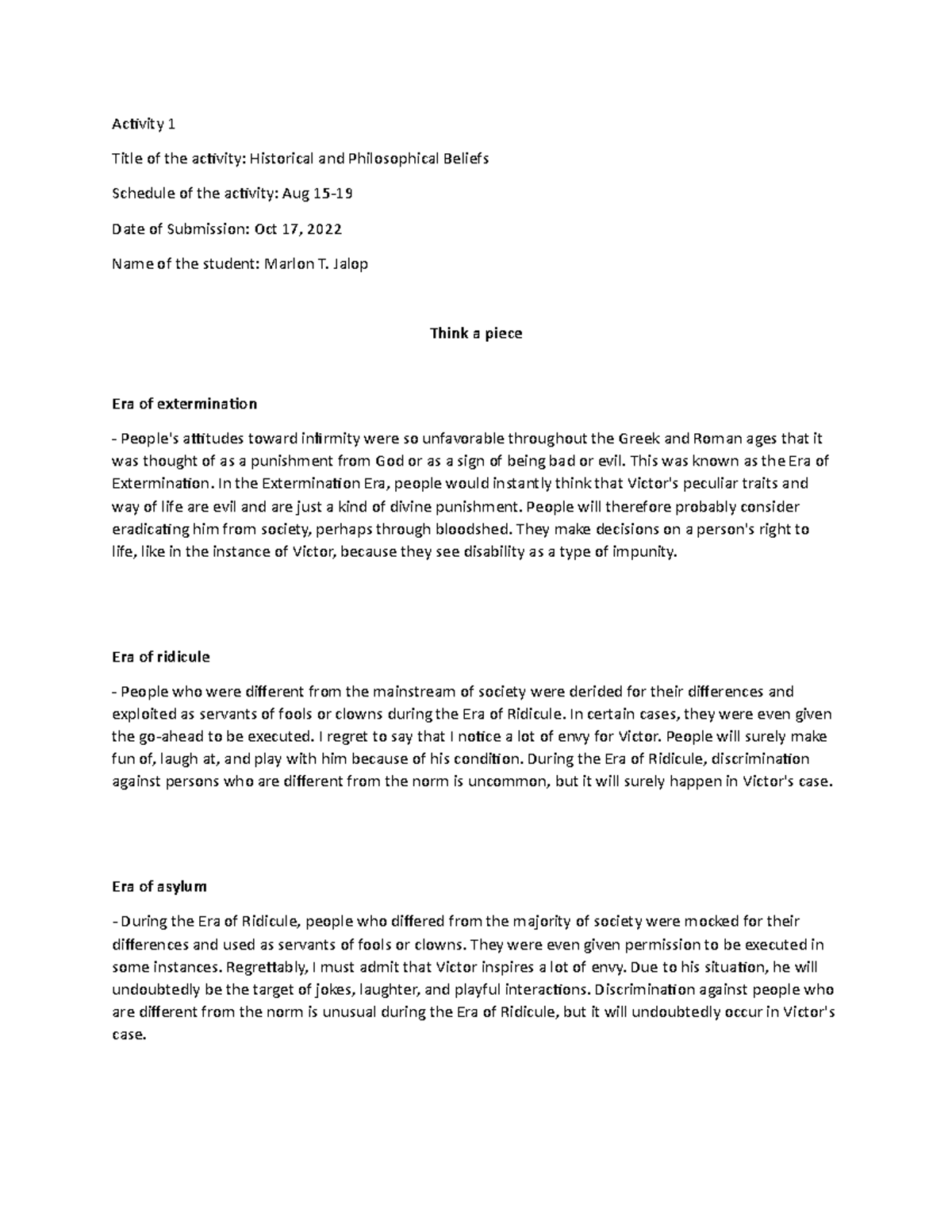 Activity 1 - noting - Activity 1 Title of the activity: Historical and ...