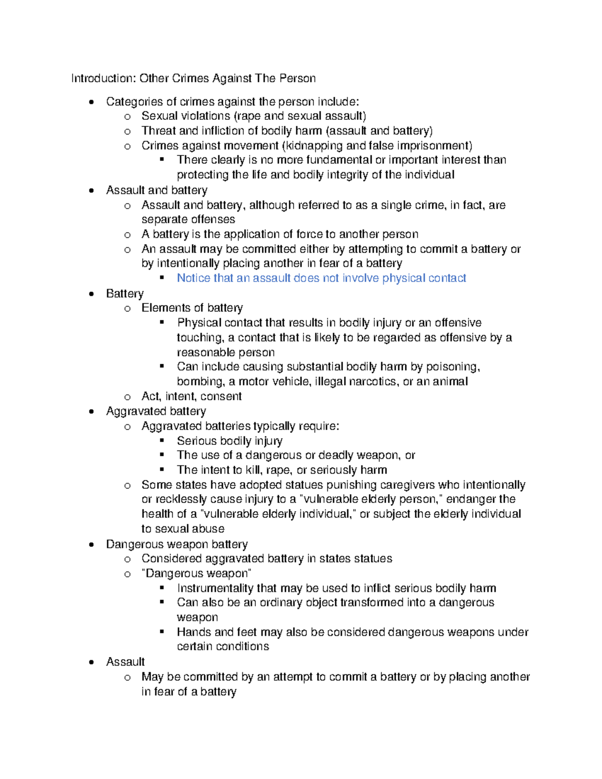 Criminal Law Chapter 8 - Introduction: Other Crimes Against The Person ...