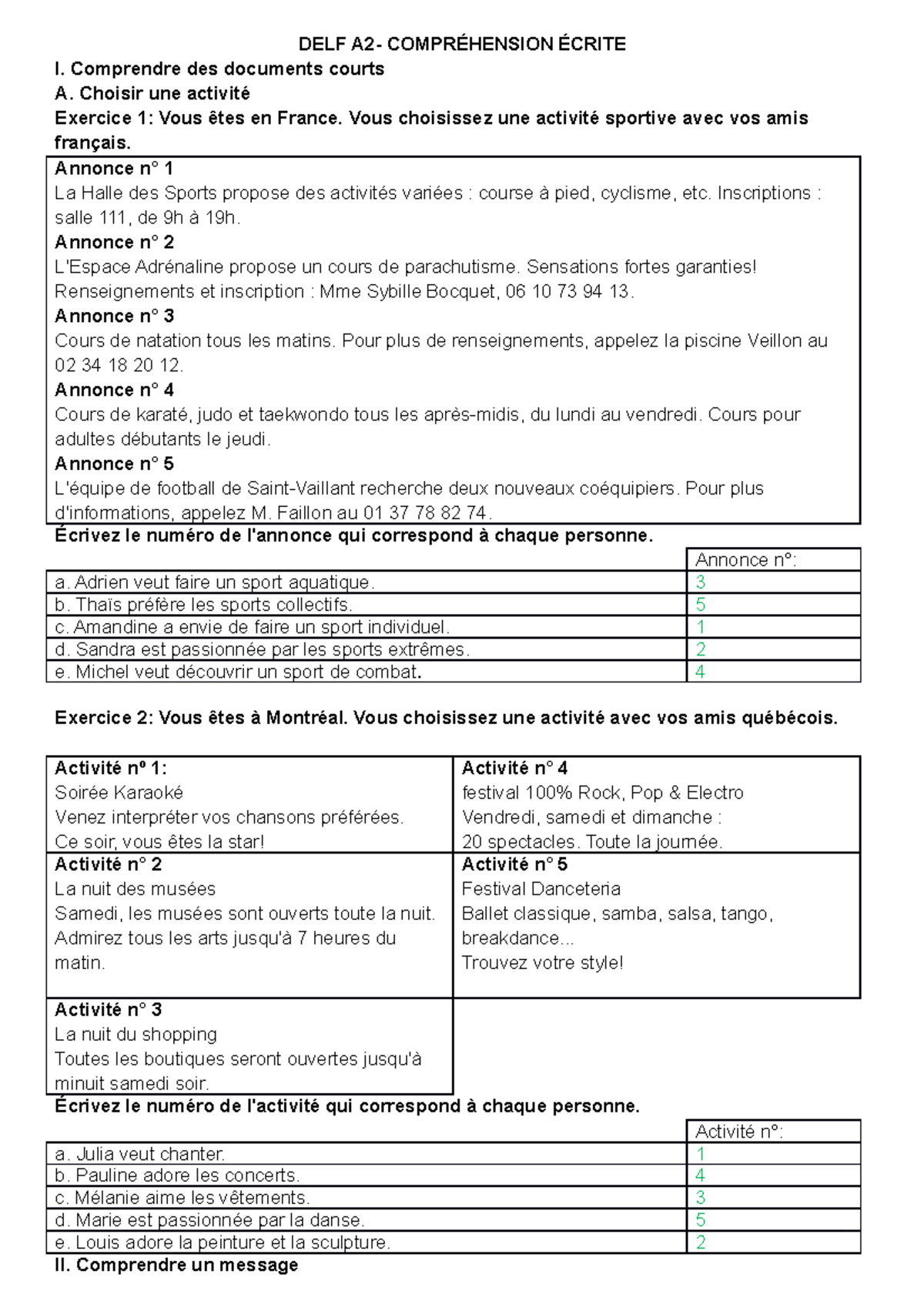 DELF A2 - CE 1 corrigés - DELF A2- COMPRÉHENSION ÉCRITE I. Comprendre ...
