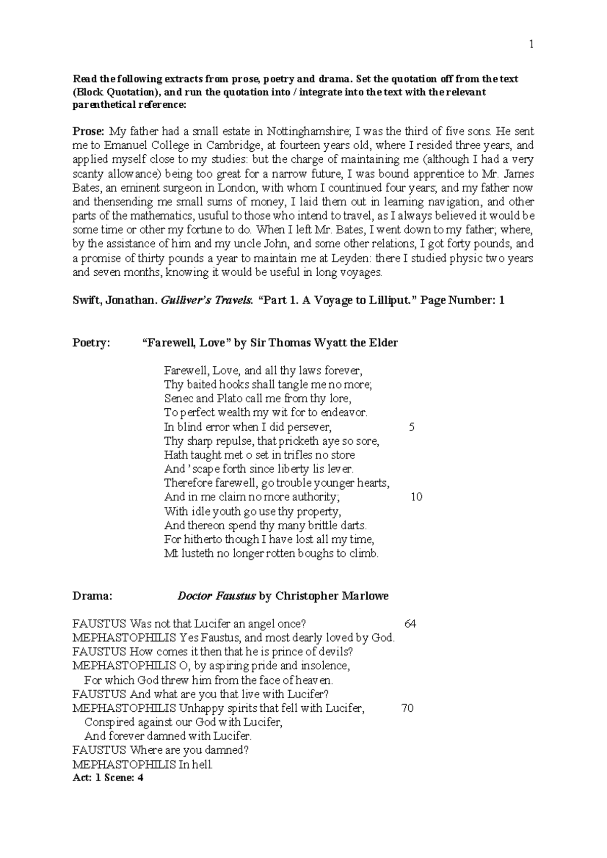 Quotation Exercise - Read the following extracts from prose, poetry and ...