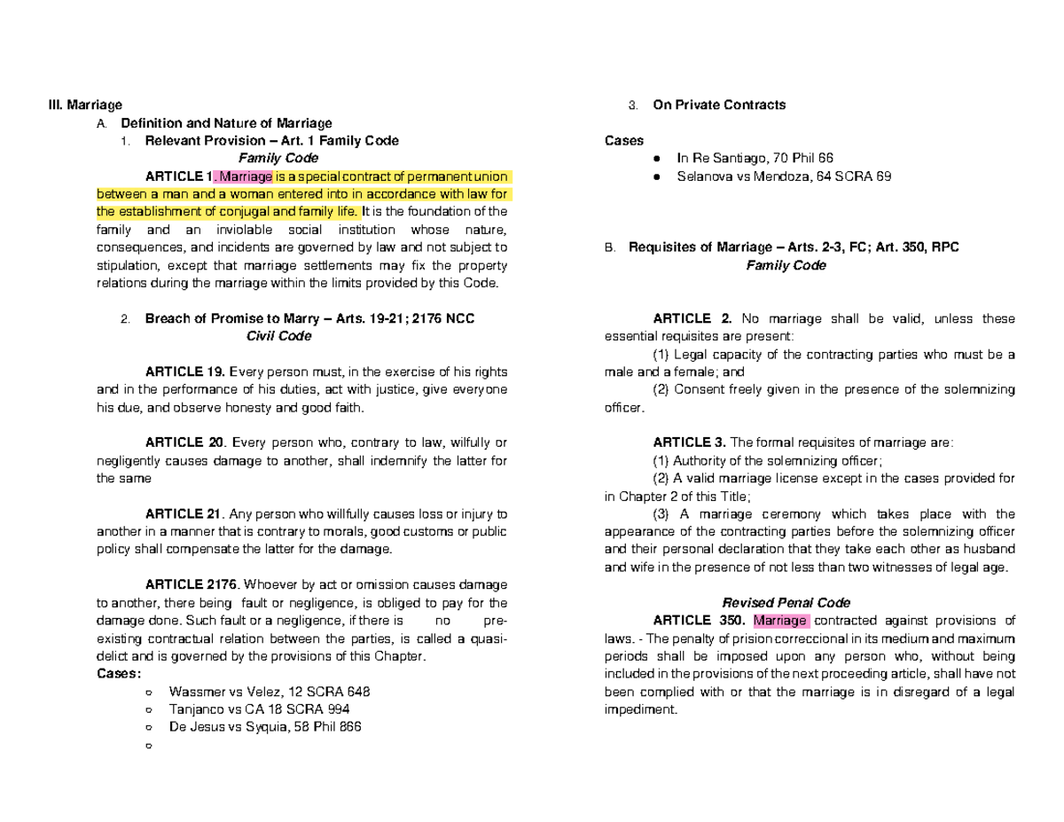 III. Marriage PFR - Syllabus Outlines - III. Marriage A. Definition and ...