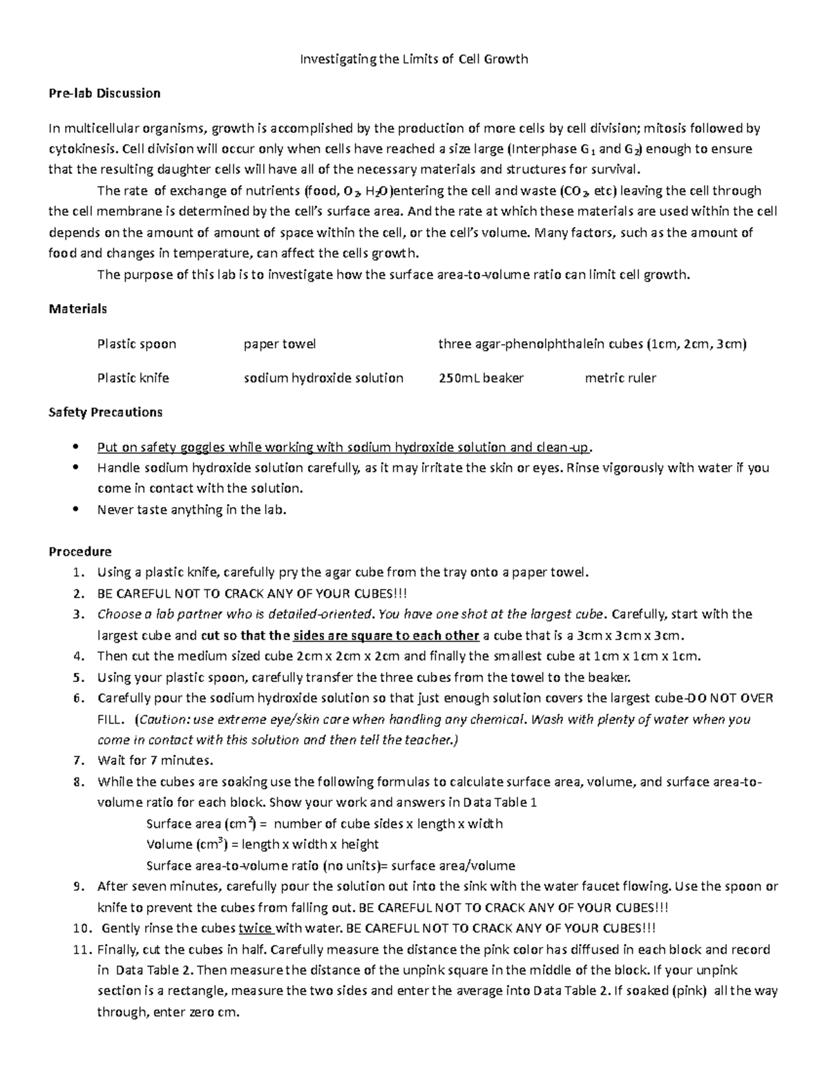 Agar Cell Size Lab-Investigating the Limits of Cell Growth - Investigating the Limits of Cell ...