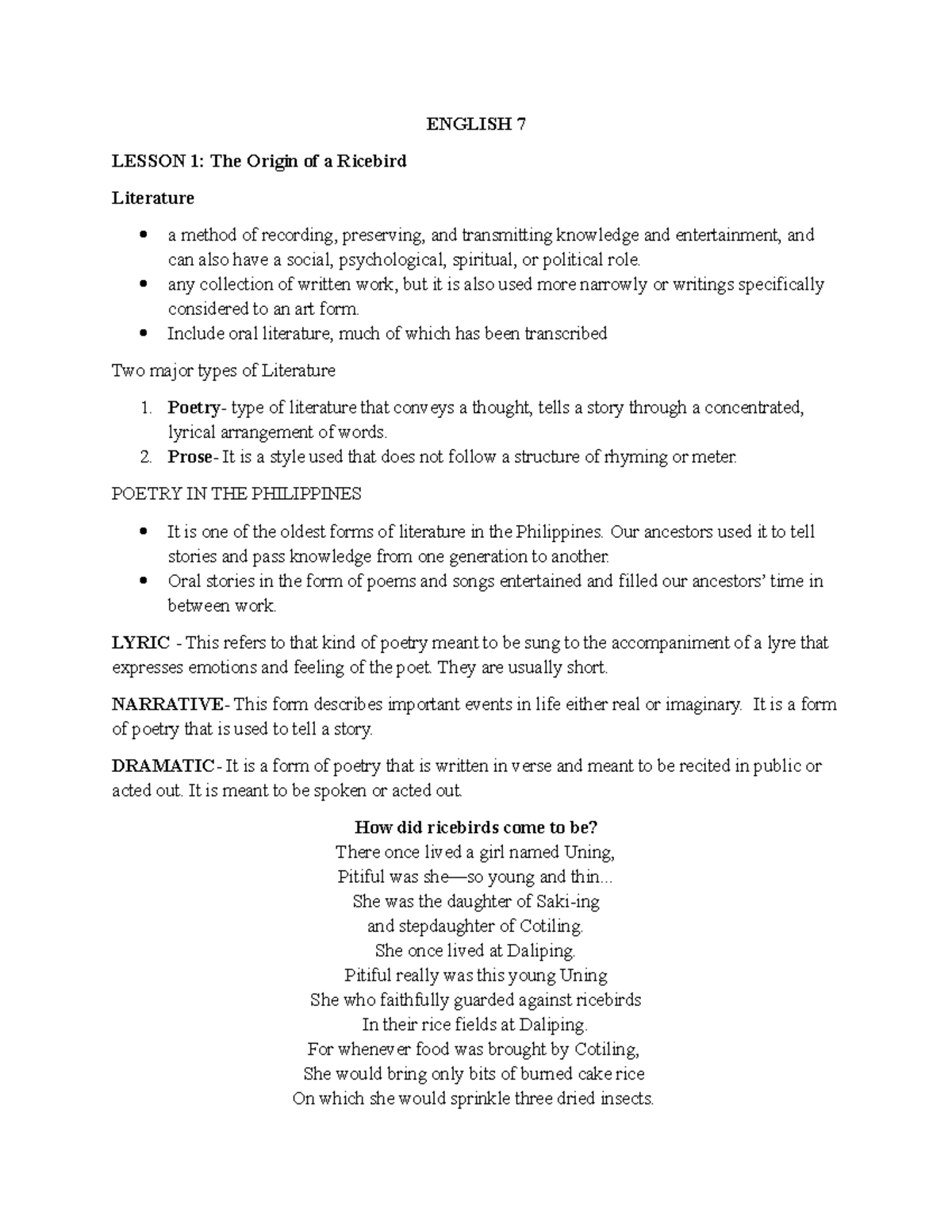 English 7- Reviewer (Lesson 1 and 2) - ENGLISH 7 LESSON 1: The Origin ...
