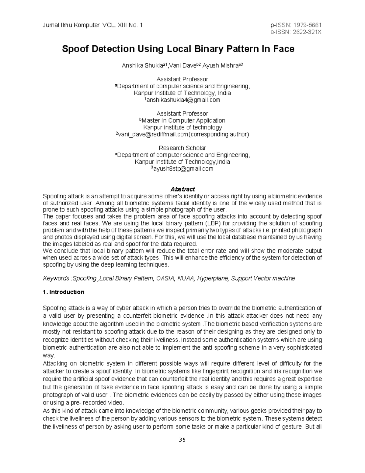 58992 697 148536 1 10 202004 29 - e-ISSN: 2622-321X Spoof Detection Using Local Binary Pattern ...