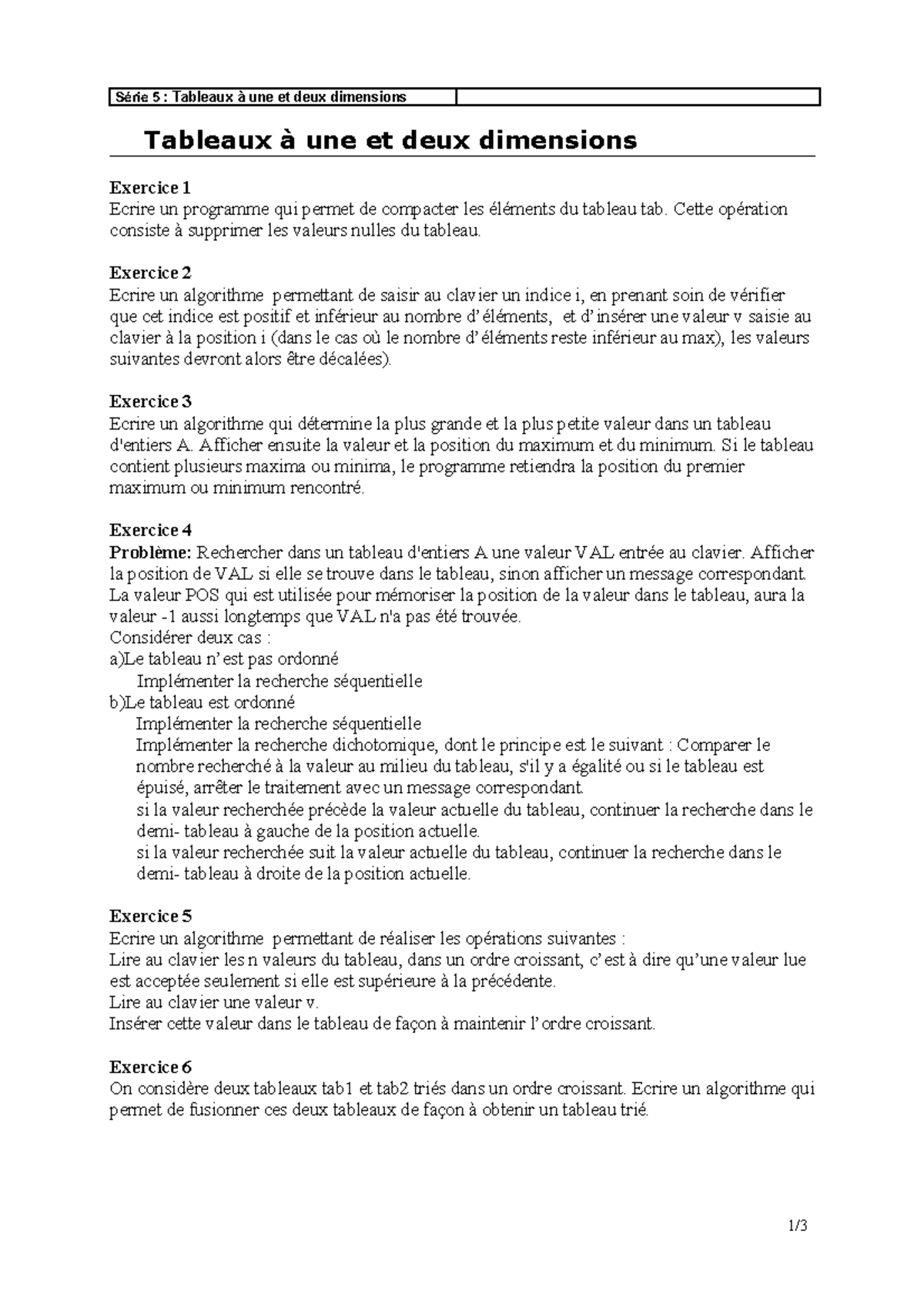 SMP4SMC4 TD5 Tableaux - Série 5 : Tableaux à une et deux dimensions ...