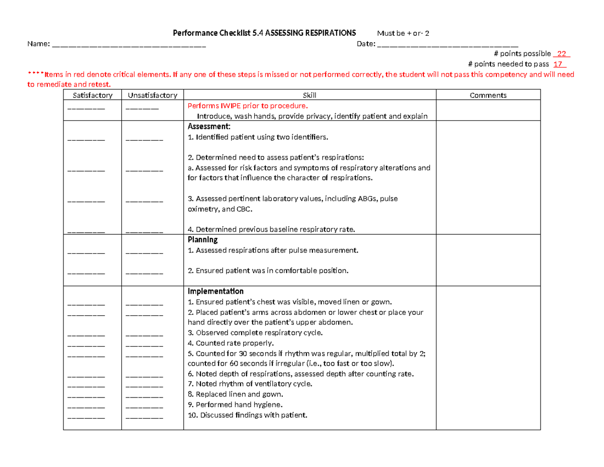 Skills Performance Checklist - Assessing Respiration - Performance ...
