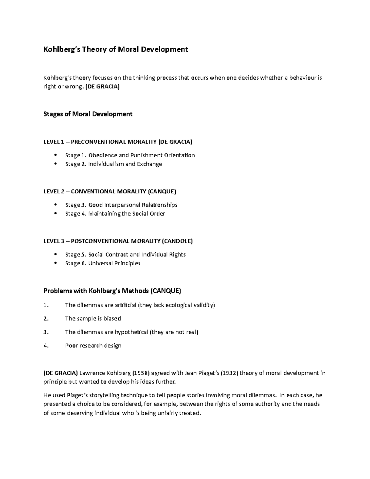 Moral - Lecture notes. - Kohlberg’s Theory of Moral Development ...