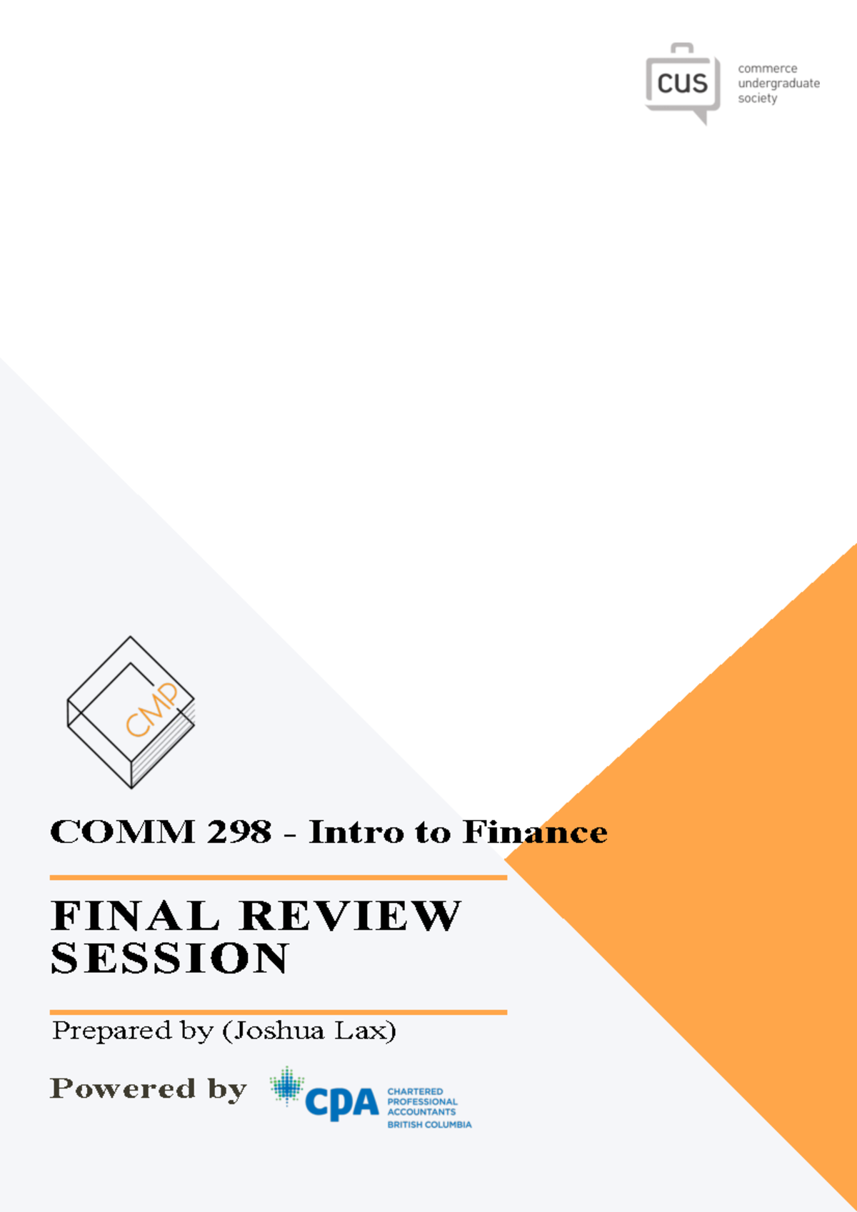 COMM298 2019 W2 Final Review Package - COMM 298 - Intro to Finance ...
