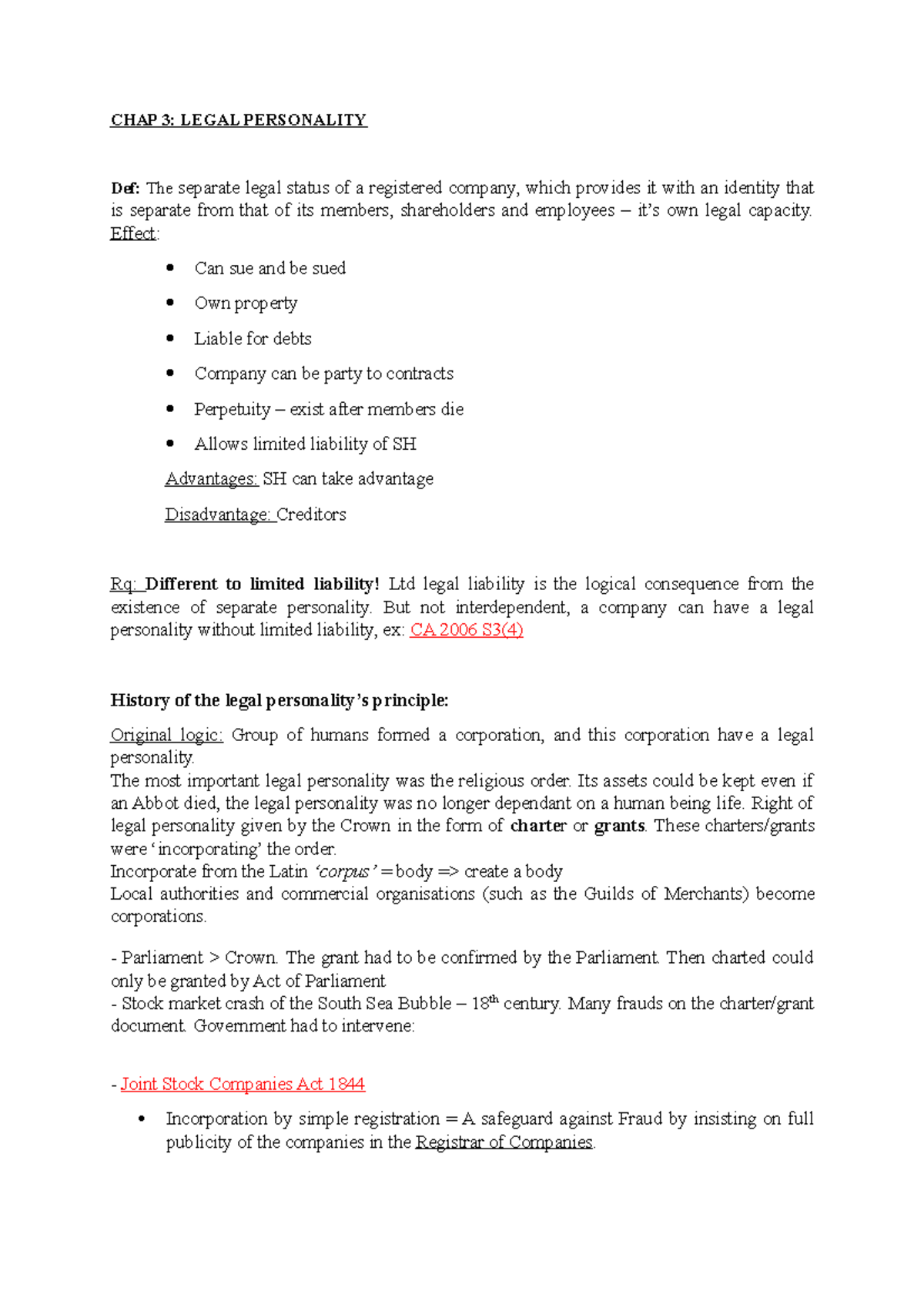 Legal personalities - my notes - CHAP 3: LEGAL PERSONALITY Def: The ...