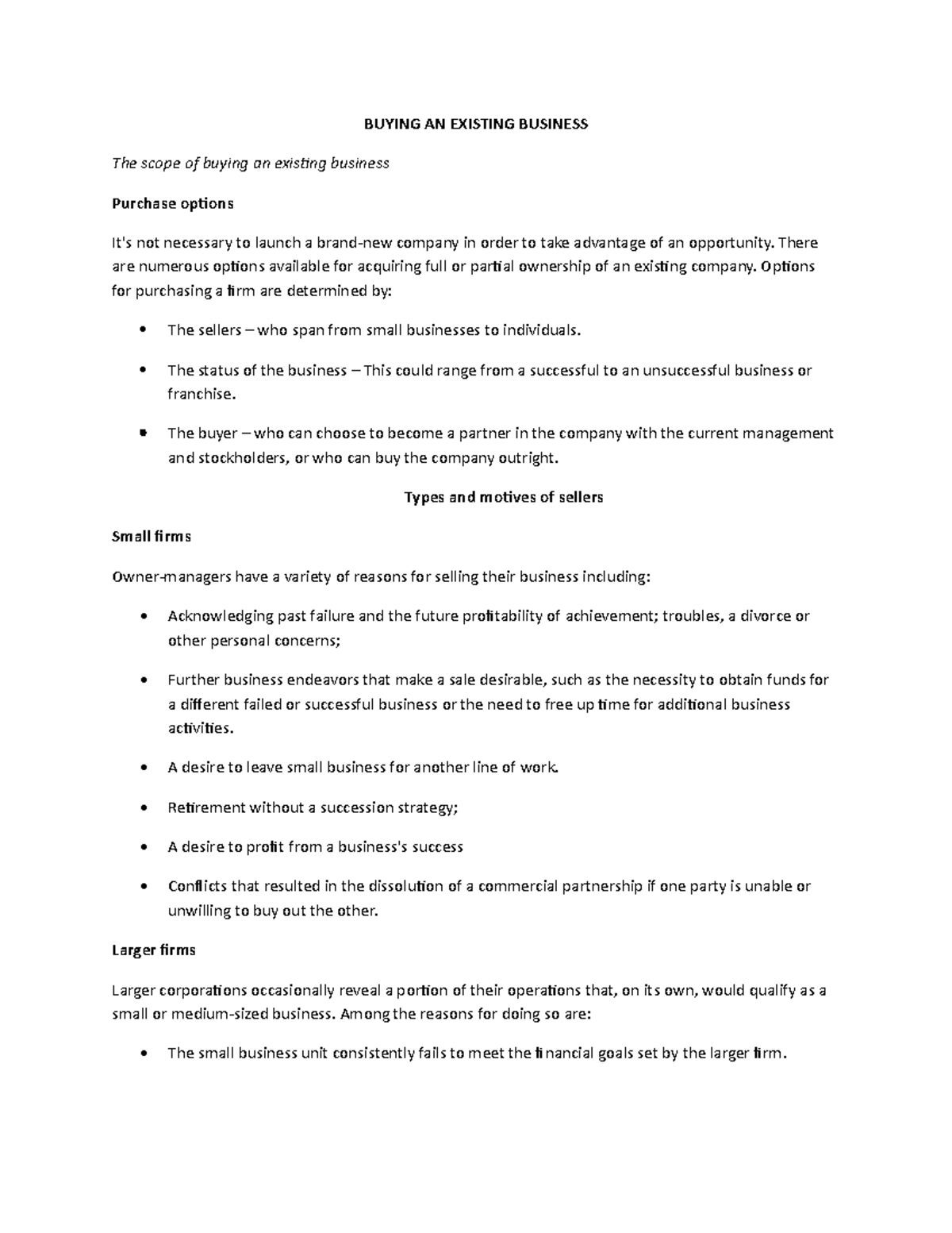 Buying AN Existing Business - business management - BUYING AN EXISTING ...