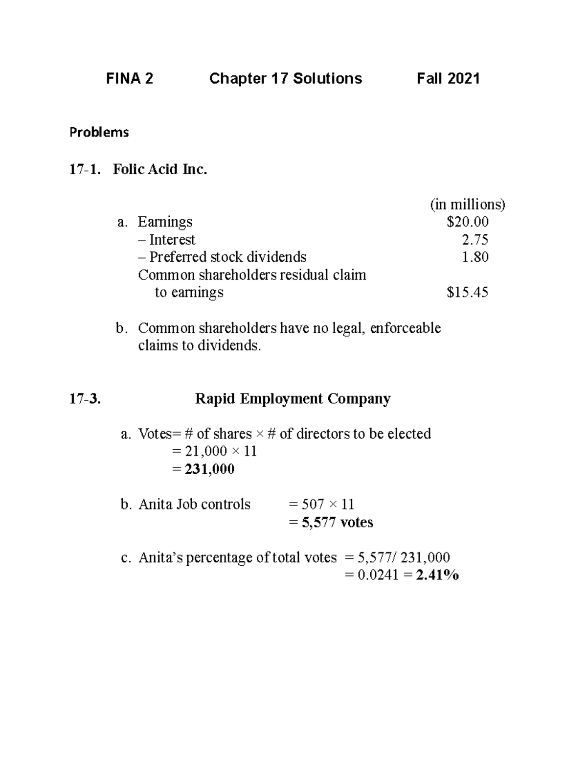 FINA 2 - Ch. 17 Solutions - F21 Foundation of financial management - FINA 2 Chapter 17 Solutions ...