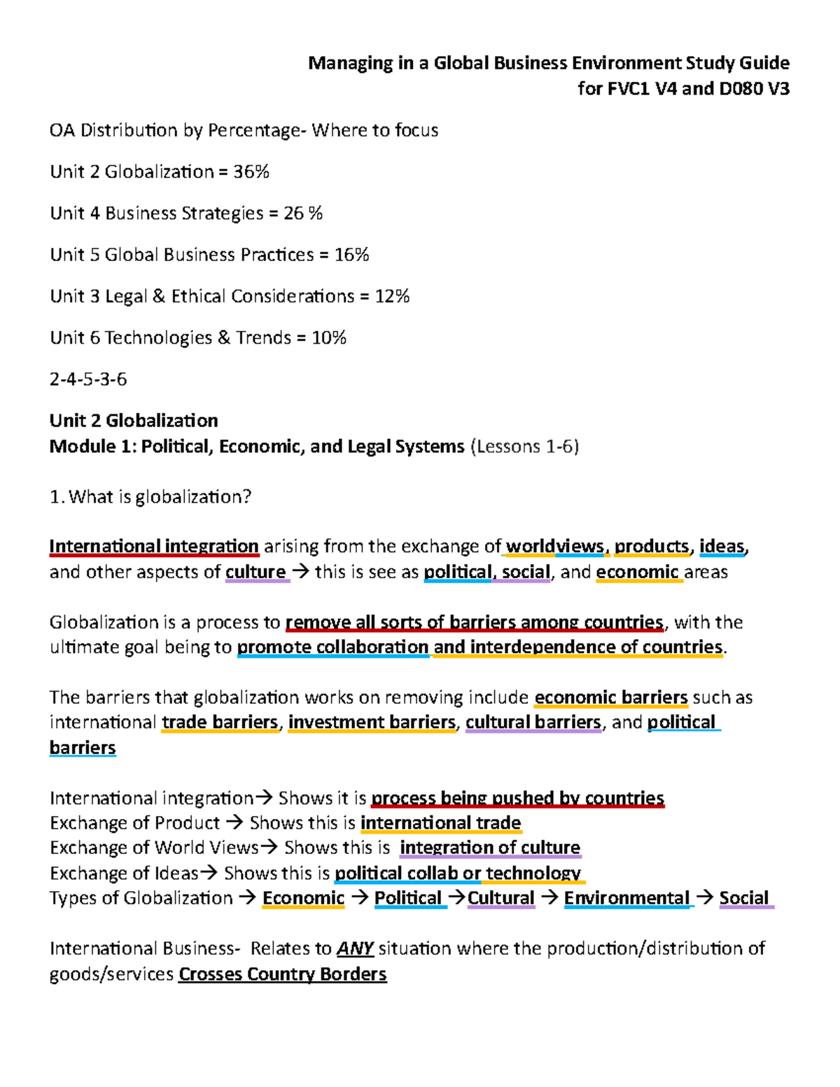 D080 Study Guide Unit 1 - Managing in a Global Business Environment ...