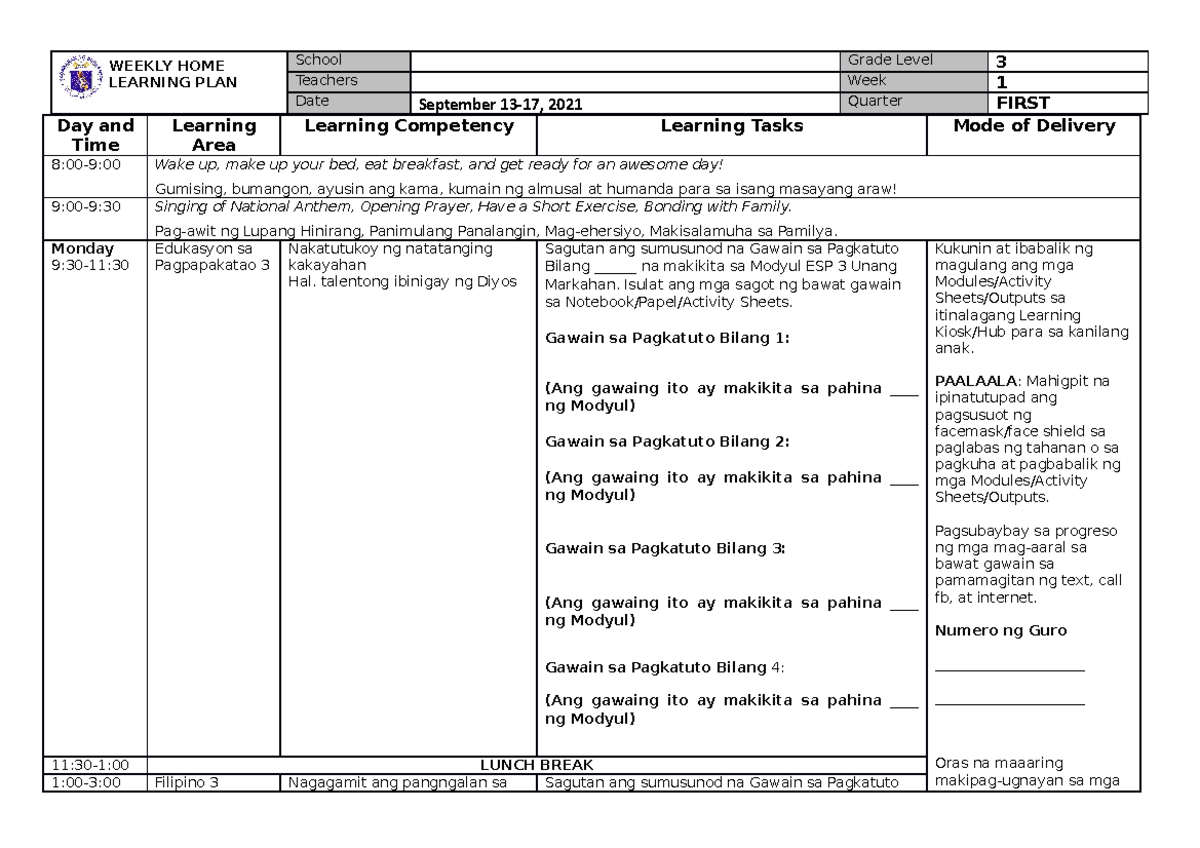 Grade 3 WHLP Q1 Week 1 - Weekly Home Learning plan Quarter 1 week 1 ...